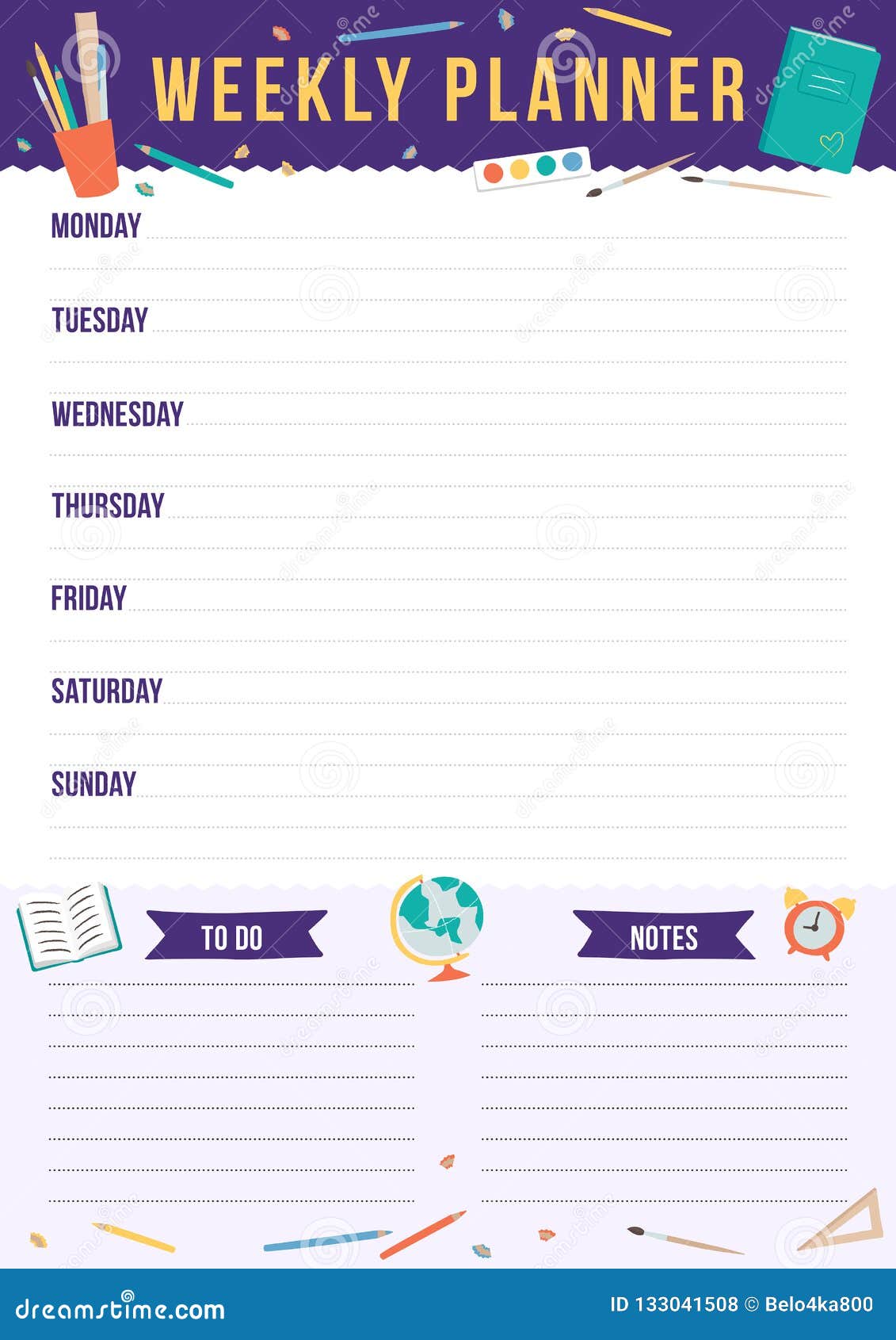 Cute Weekly Planner with Hand Drawn School Elements. Stock Vector ...