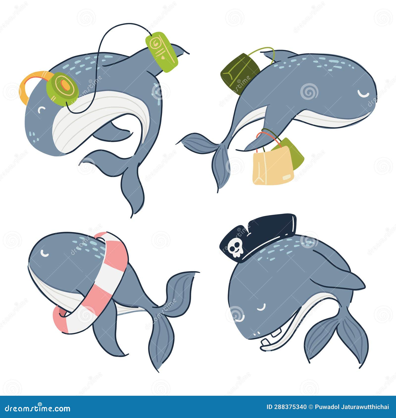 Cute Whale Cartoon Characters . Hand Drawn Style . White Isolate ...