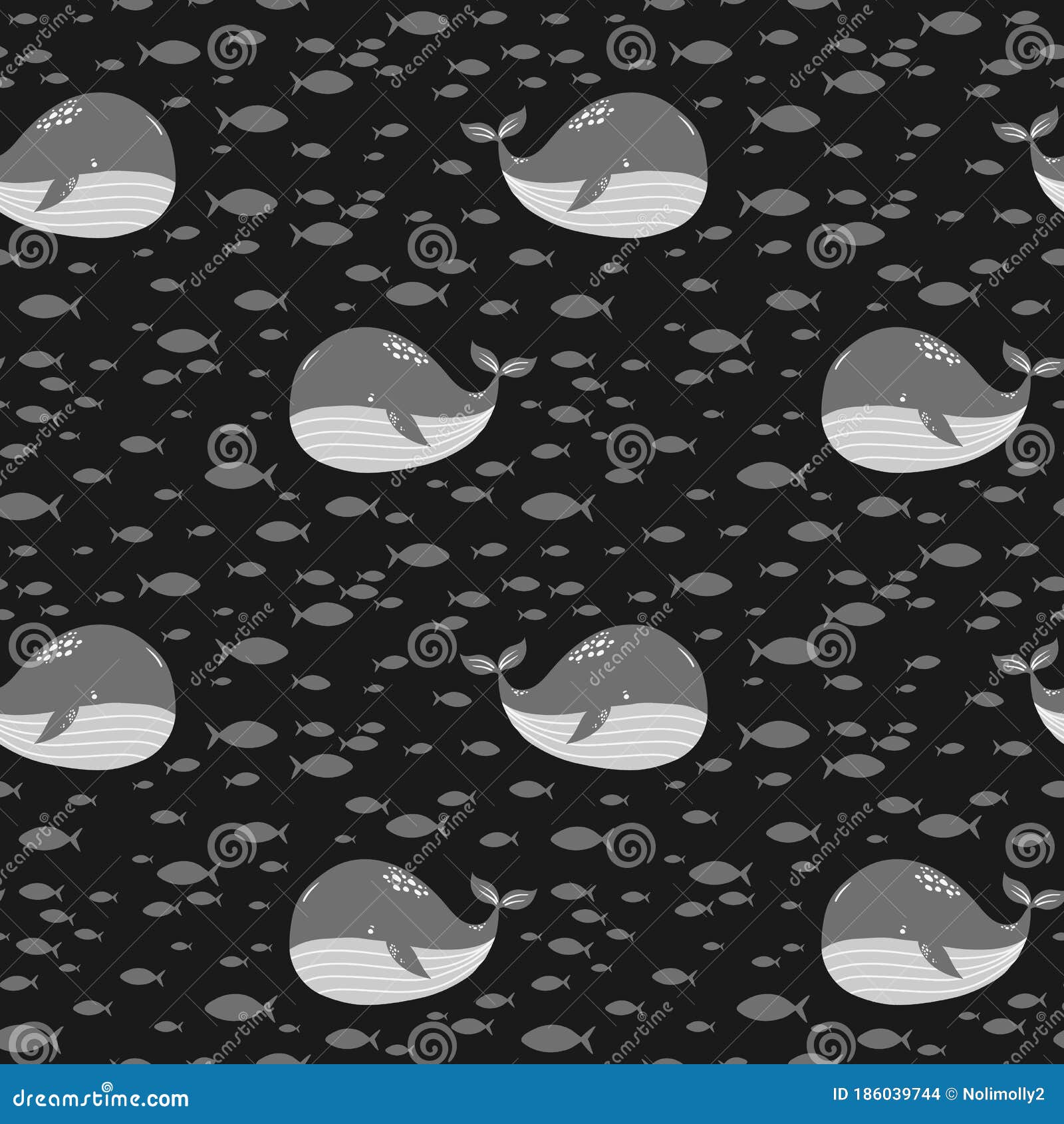 Cute Whale and Little Fish, Seamless Pattern, Cartoon Vector ...