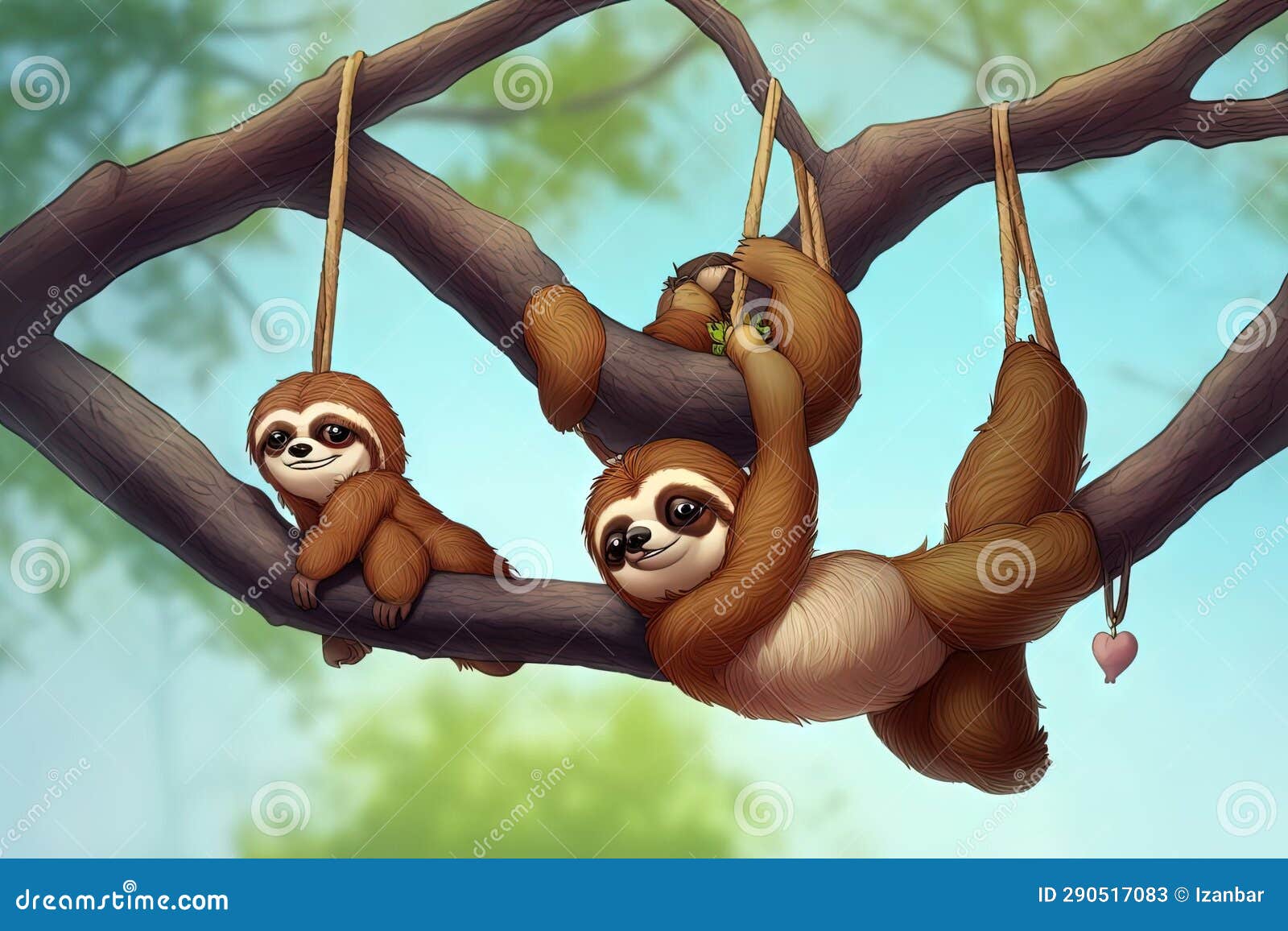 Cute and Whimsical Sloth Bear Hanging from a Tree Branch Illustration ...