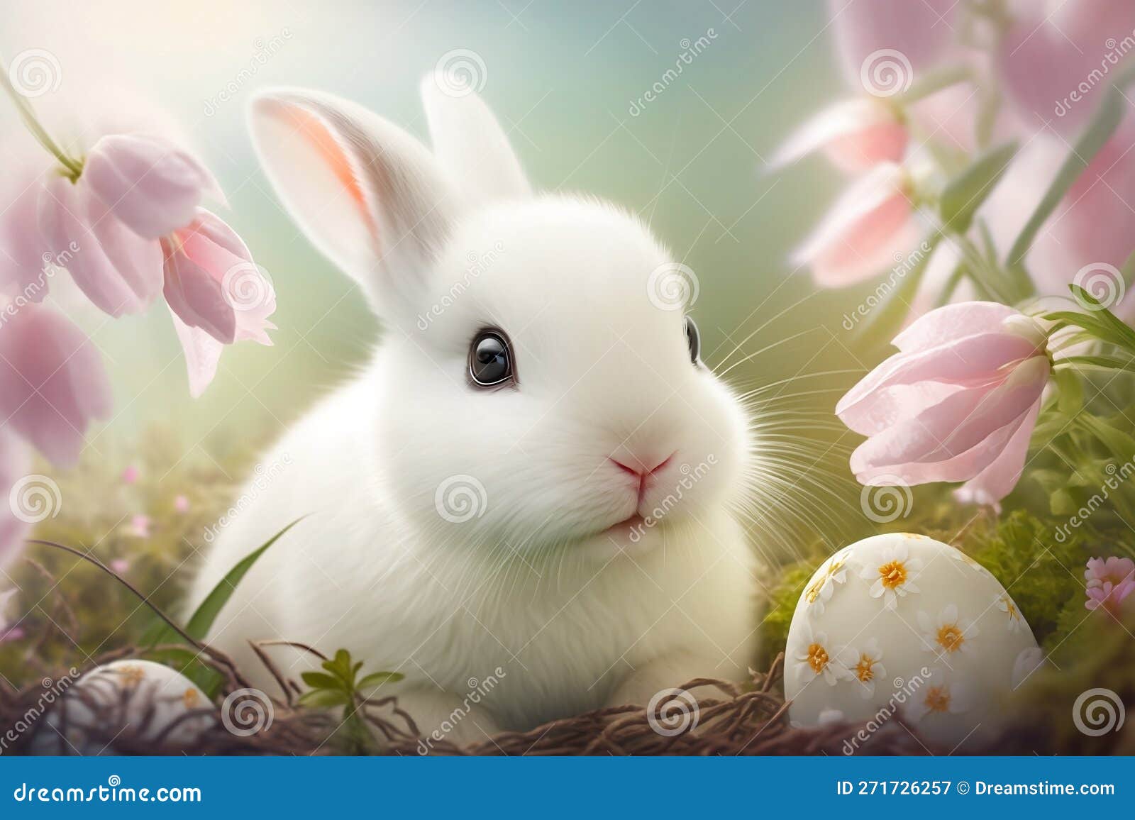 Cute White Bunny with Easter Egg in the Spring Flowers Background ...