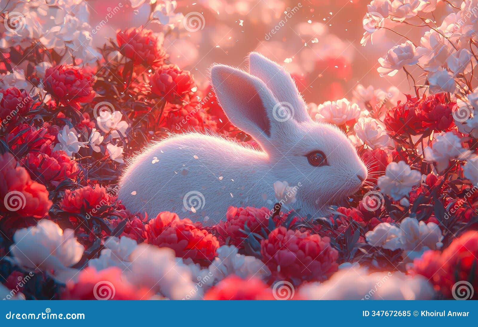 Cute White Bunny Rabbit Sitting in a Field of Flowers Stock ...
