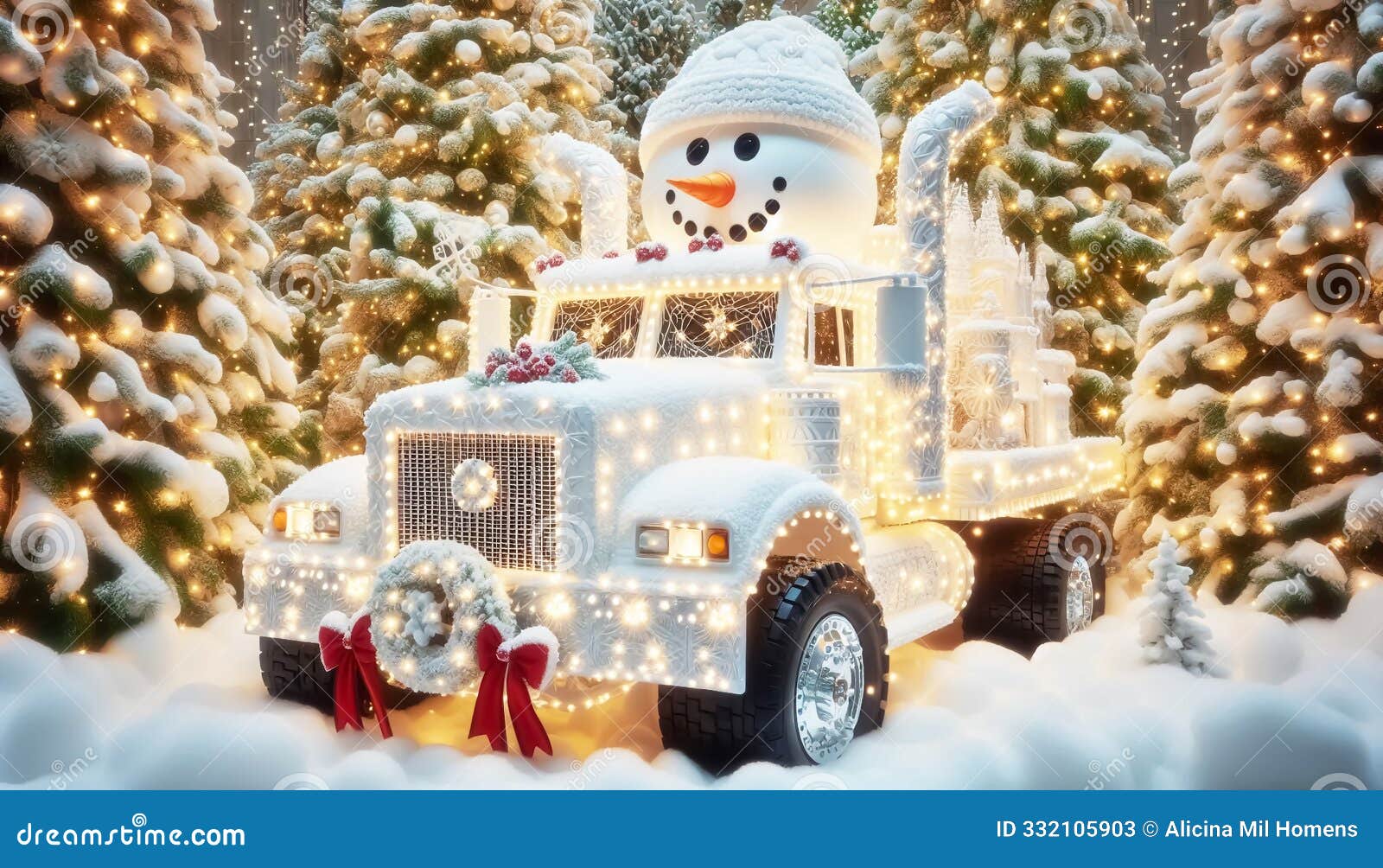 Cute White Christmas Car Lit Up in Forest with a Snowman Stock ...