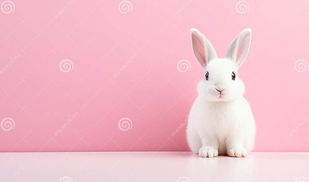 Cute White Easter Bunny on Pink Background Close Up. Copy Space Stock ...