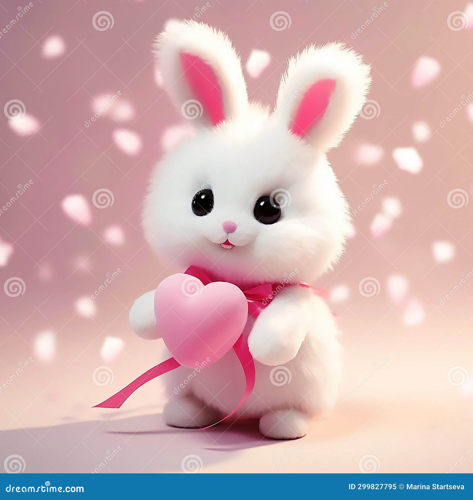 Cute White Fluffy Rabbit Holding a Pink Heart Stock Illustration ...