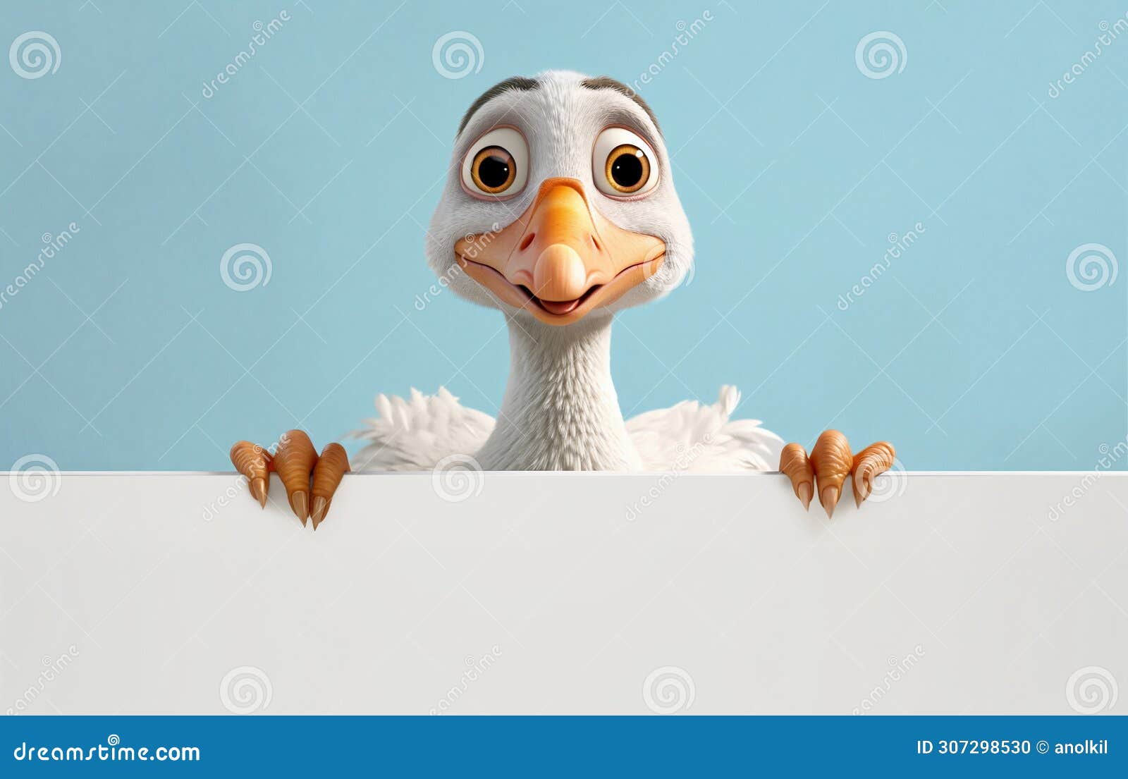 Cute White Goose Hanging Over a White Poster with Empty Space ...