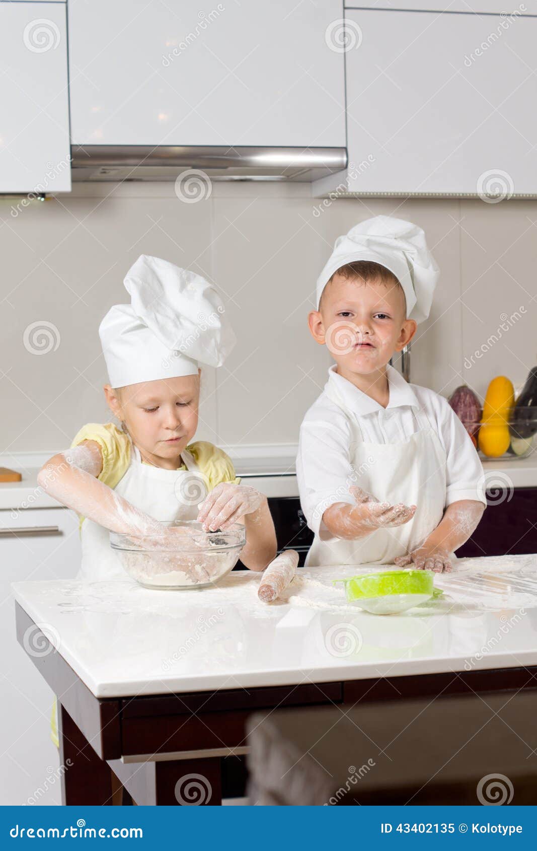 Cute White Little Chefs Baking in Kitchen Stock Image - Image of ...
