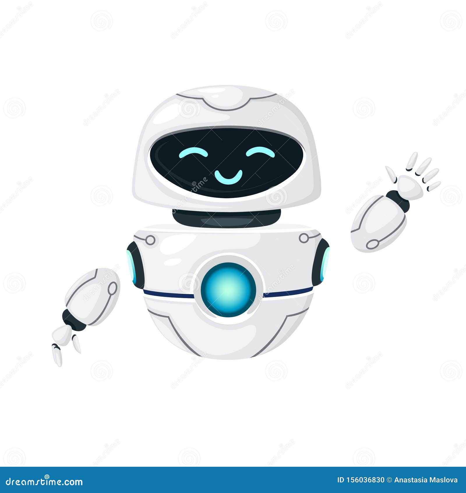 Cute White Modern Levitating Robot Waving Hand and with Happy Face Flat ...