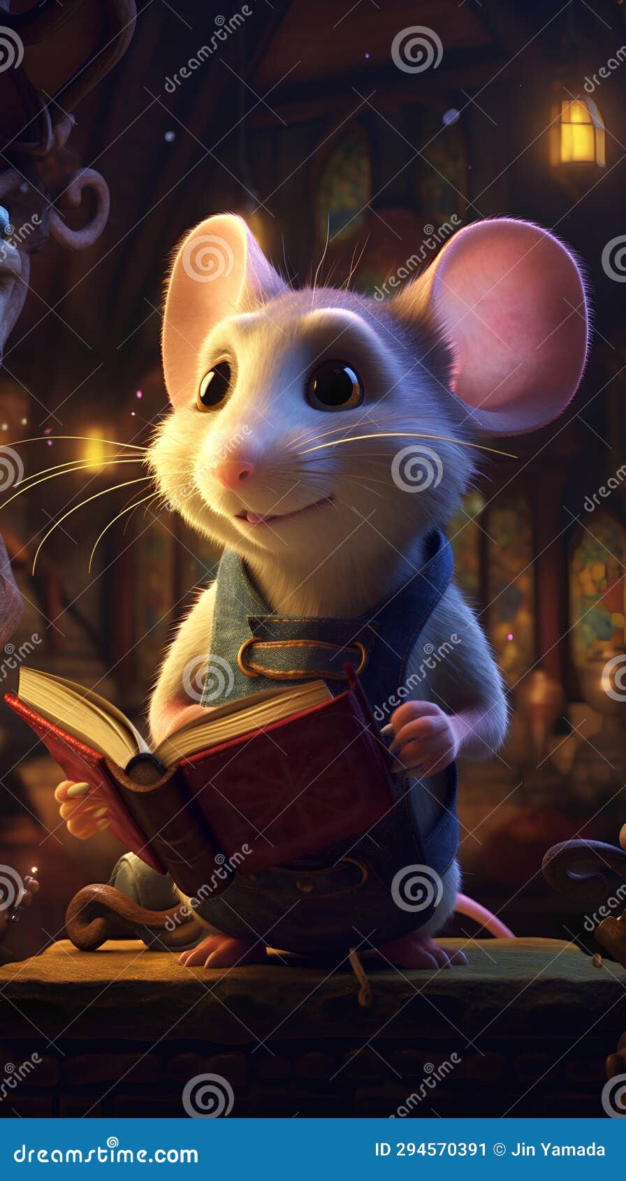 Cute White Mouse with a Book in His Hands. 3d Rendering Stock ...