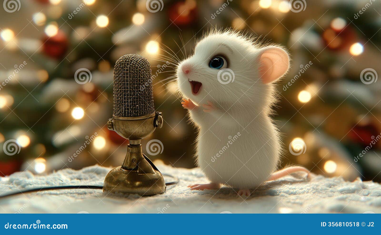 Cute White Mouse Singing into Vintage Microphone with Festive Bokeh ...