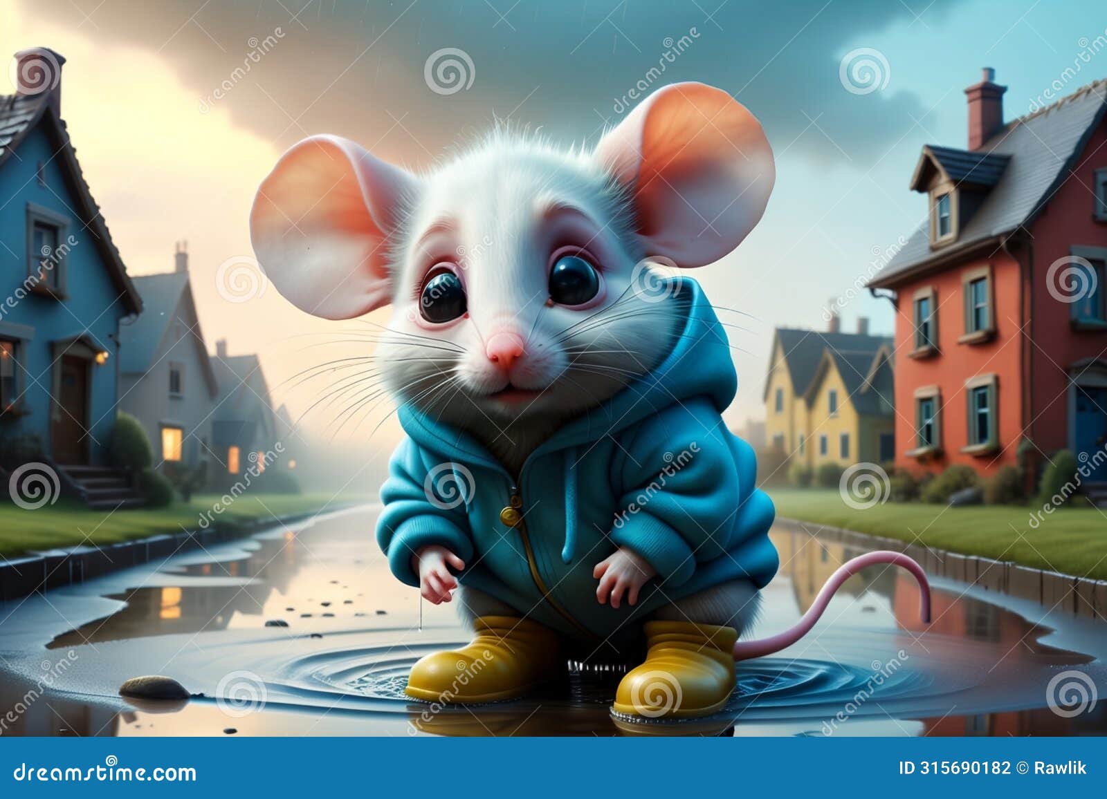 Cute White Mouse Stands in a Puddle in the Rain and Flood Stock Photo ...