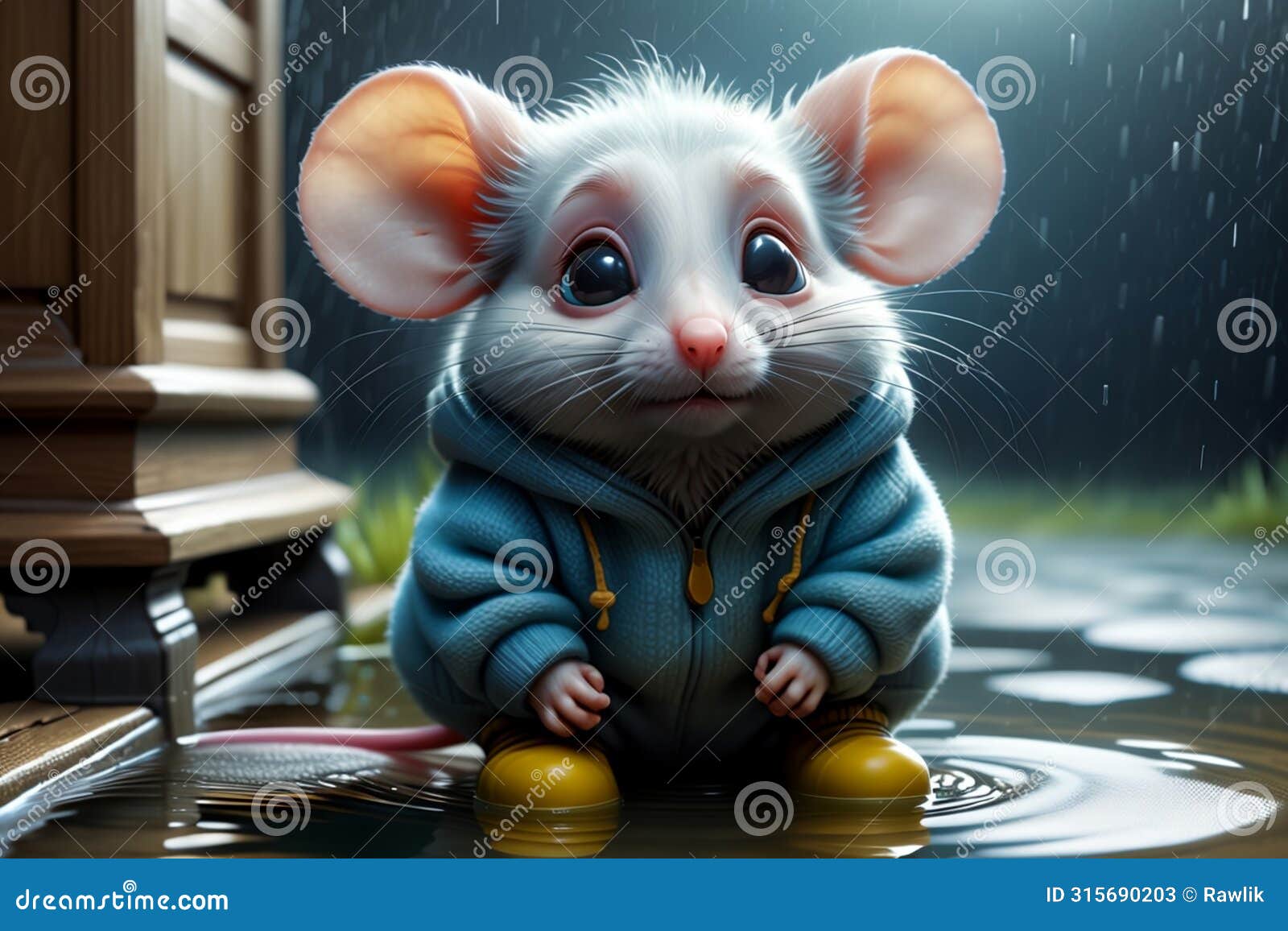 Cute White Mouse Stands in a Puddle in the Rain and Flood Stock Image ...