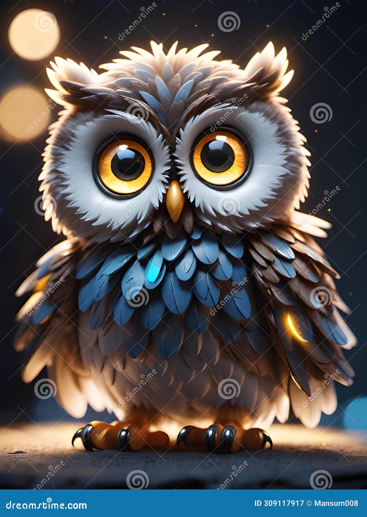 Cute White Owl with Glowing Lights Isolated on Dark Background Stock ...