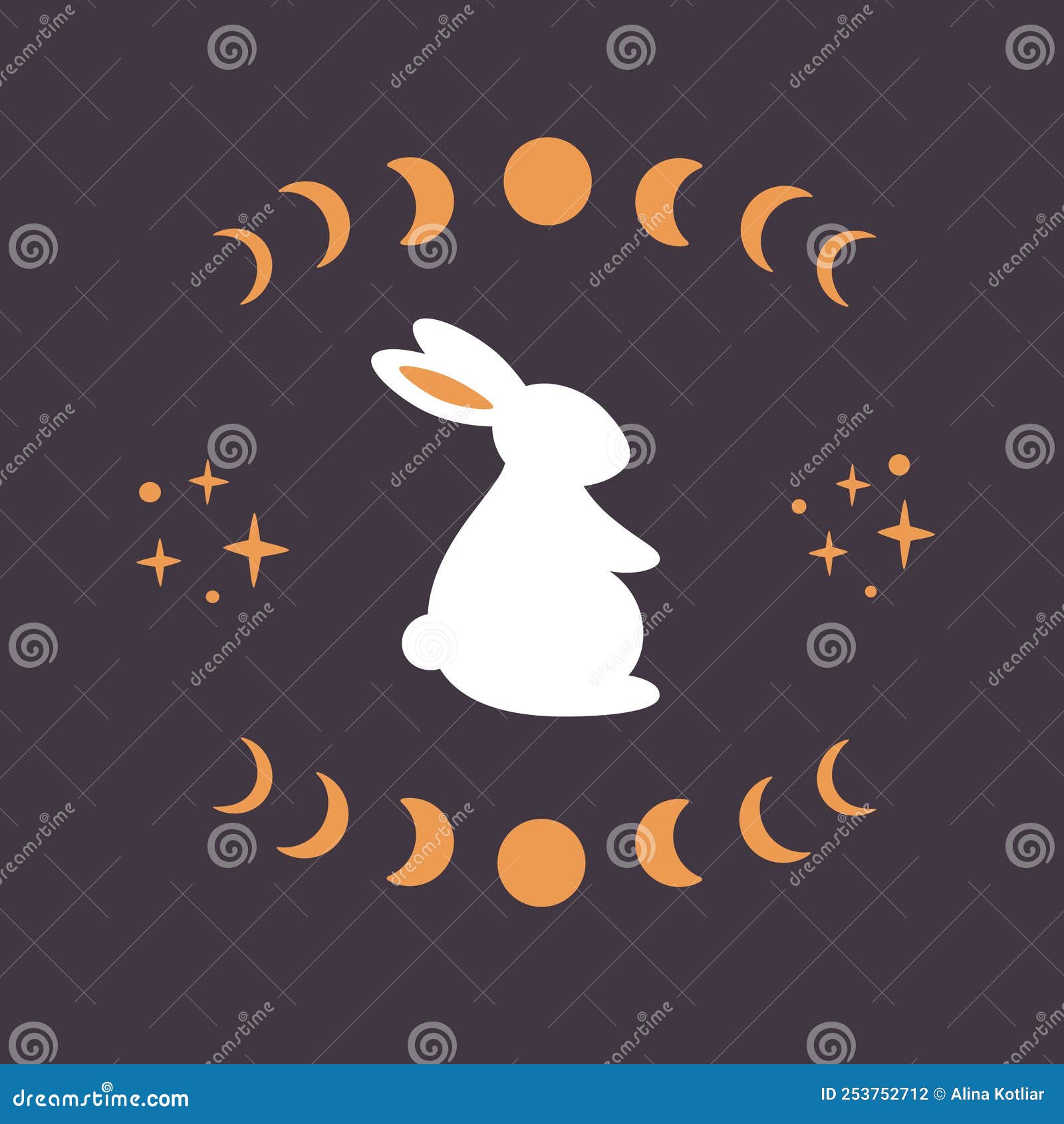 Cute White Rabbit with Astrological, Esoteric Elements. Moon Phases ...