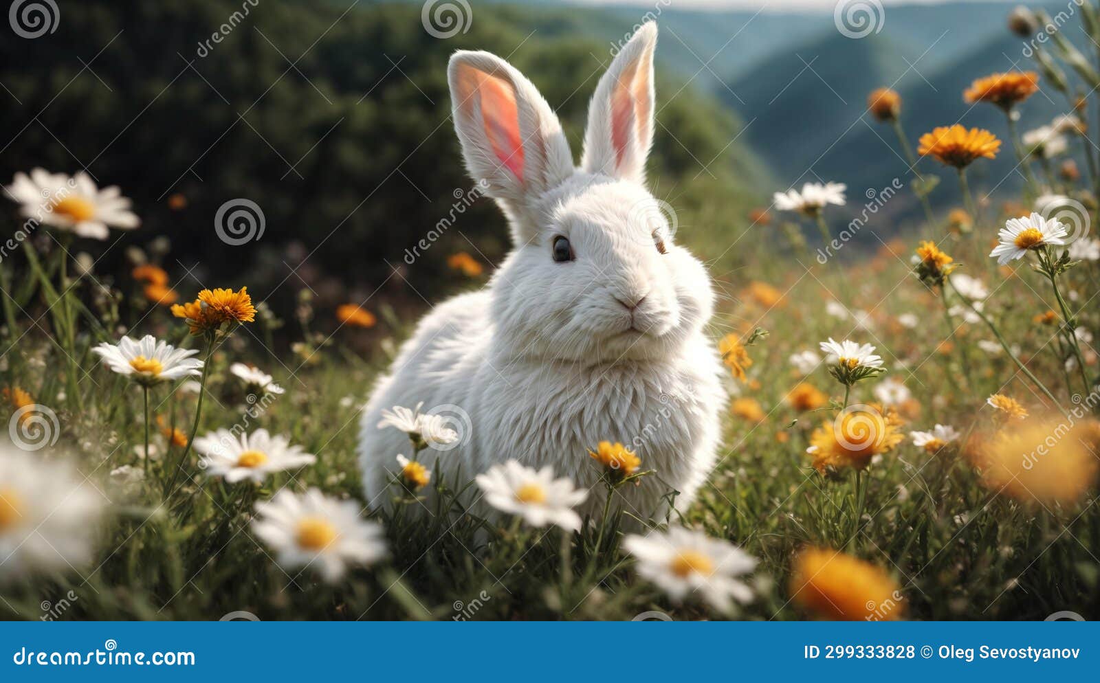 Cute White Rabbit in a Beautiful Meadow with Flowers Stock Photo ...