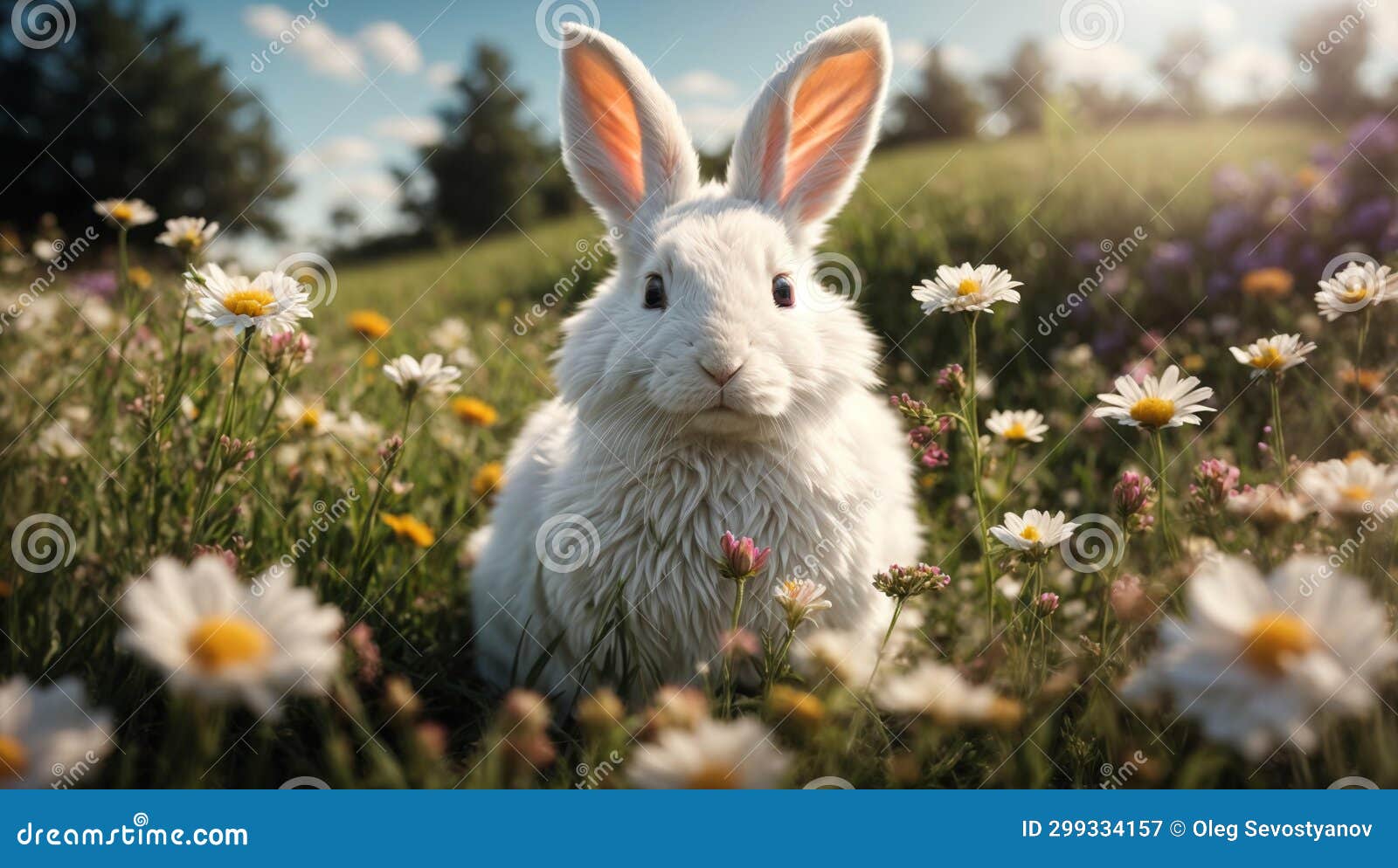 Cute White Rabbit in a Beautiful Meadow with Flowers Stock Image ...
