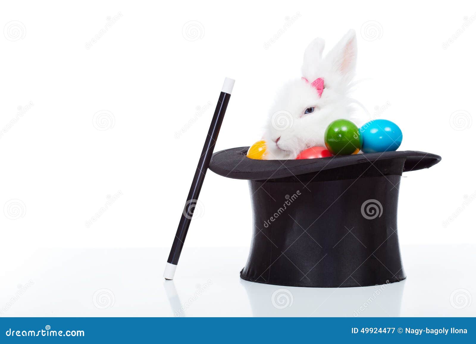 Cute White Rabbit with Colorful Easter Eggs in Magician Hat Stock Image ...