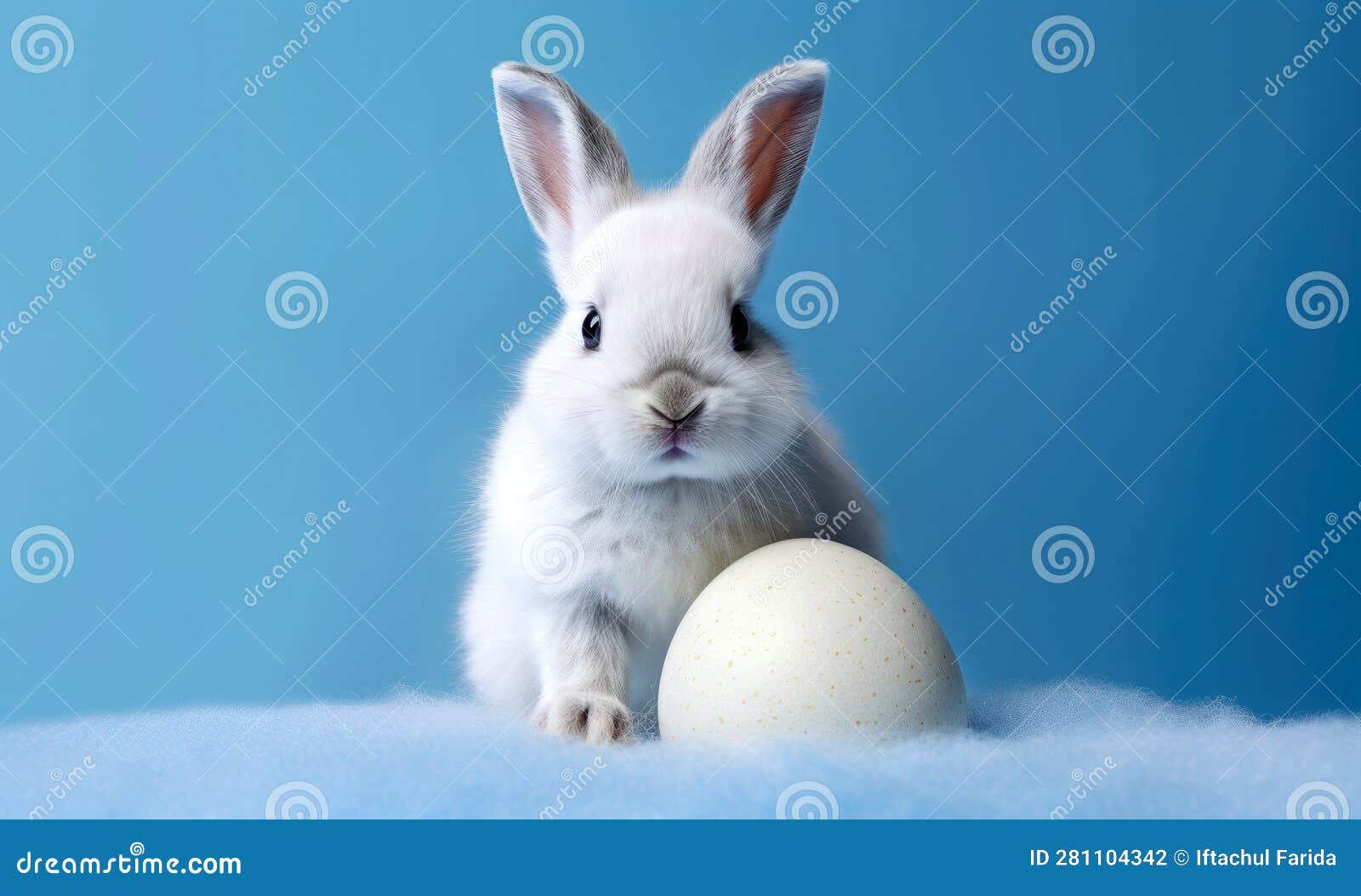 Cute White Rabbit with Egg on Blue Background. Easter Concept Stock ...