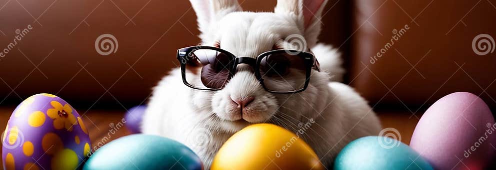 Cute White Rabbit with Eyeglasses and Colorful Easter Eggs Stock Photo ...
