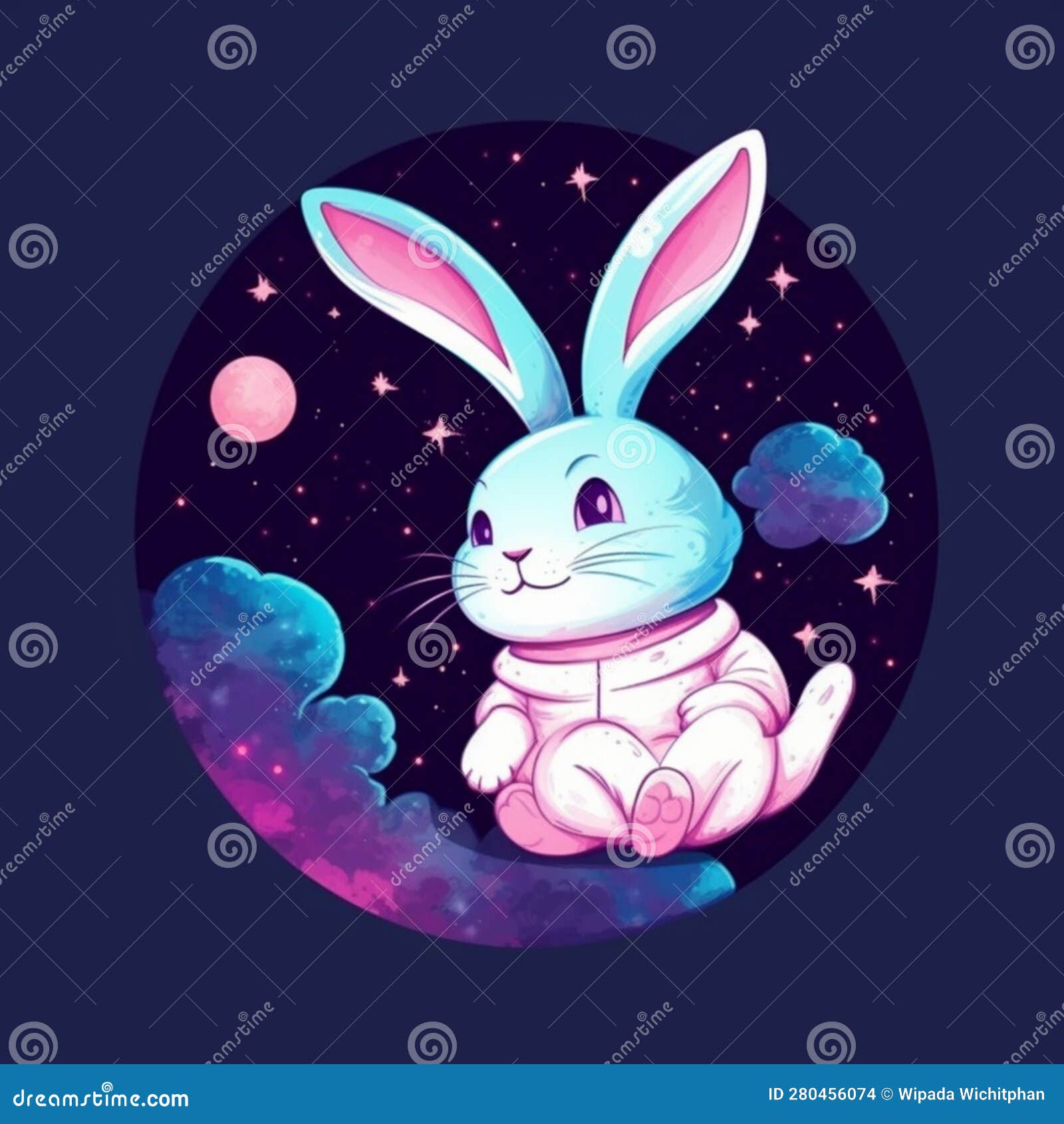 Cute White Rabbit in the Moon Background Cartoon Illustration Stock ...