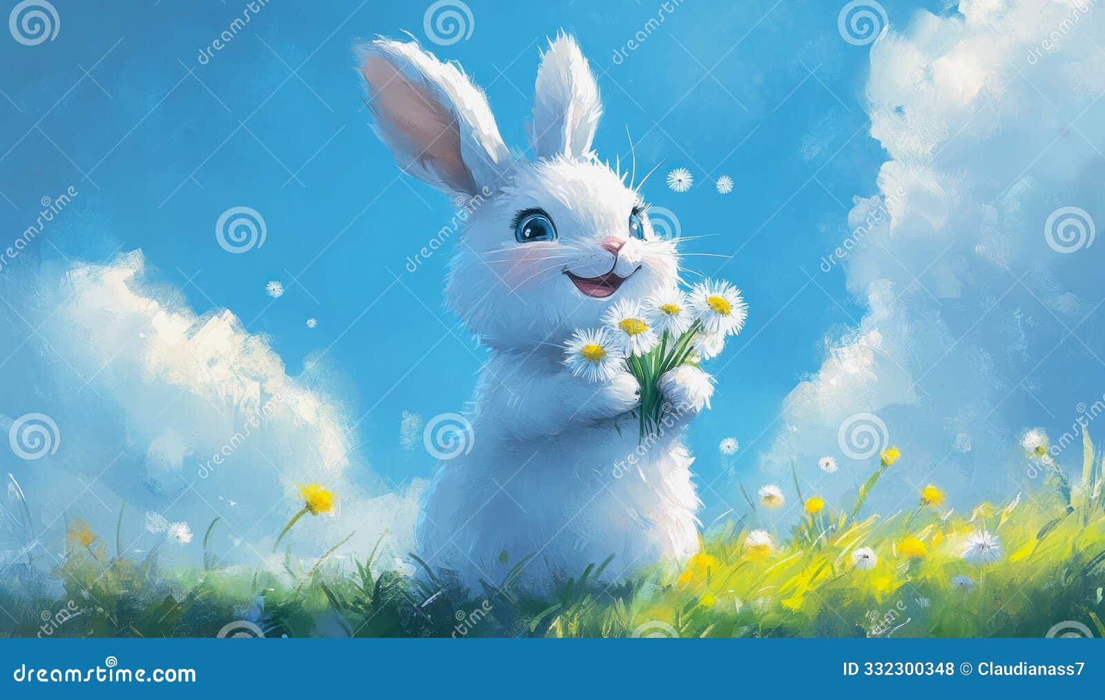 Cute White Rabbit Holding Daisy Flowers on a Meadow Stock Illustration ...