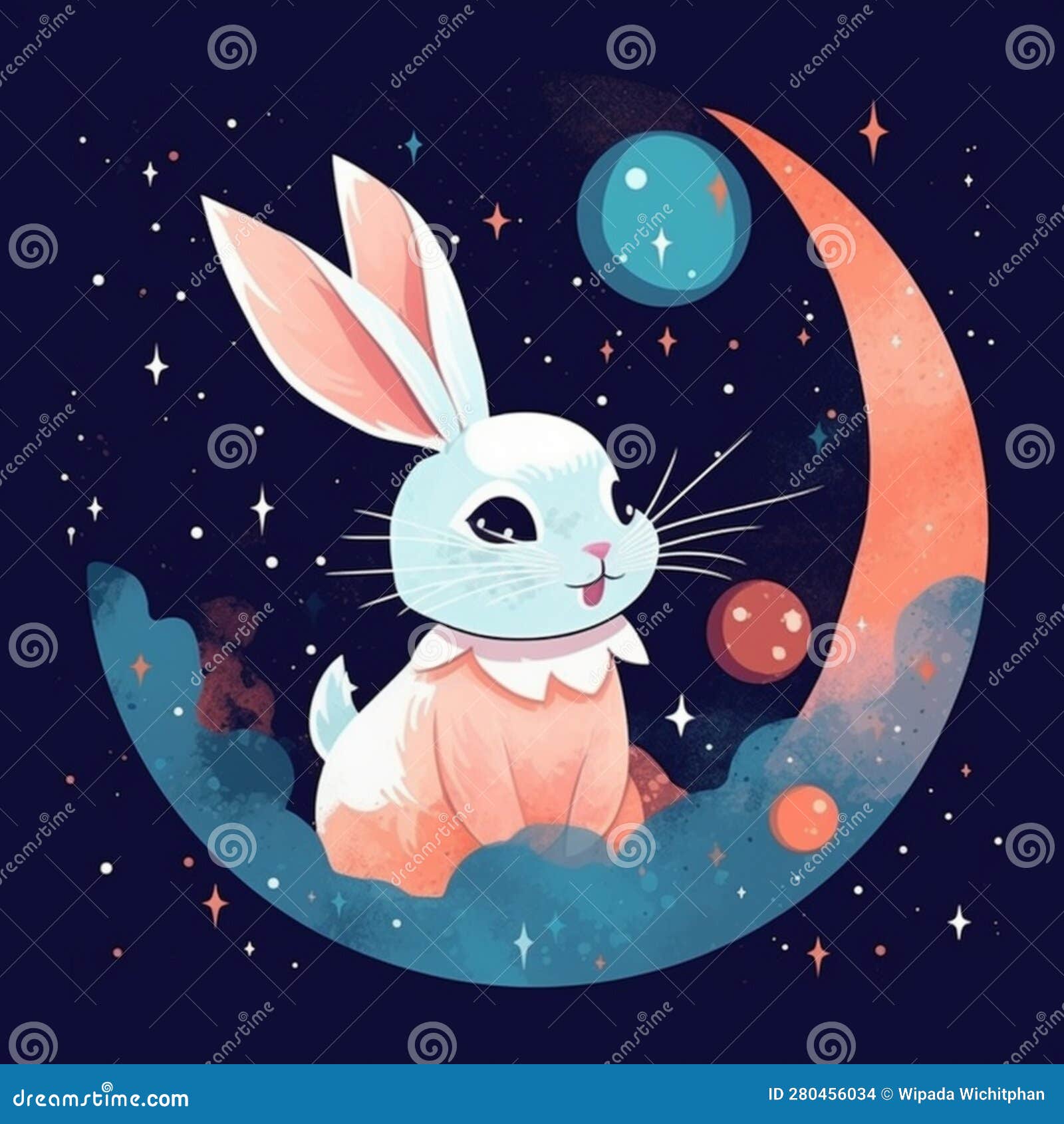 Cute White Rabbit in the Moon Background Cartoon Illustration Stock ...