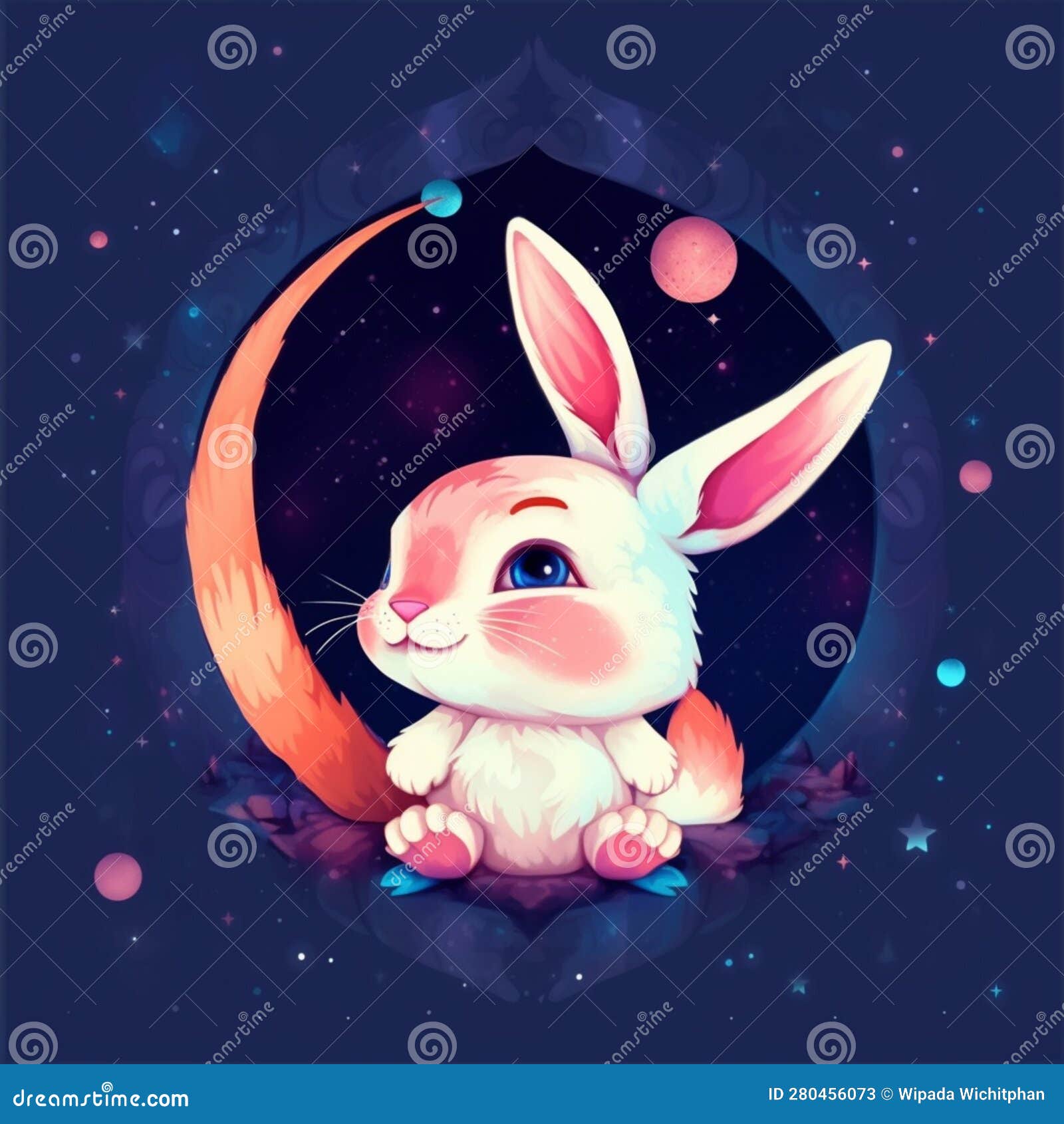 Cute White Rabbit in the Moon Background Cartoon Illustration Stock ...