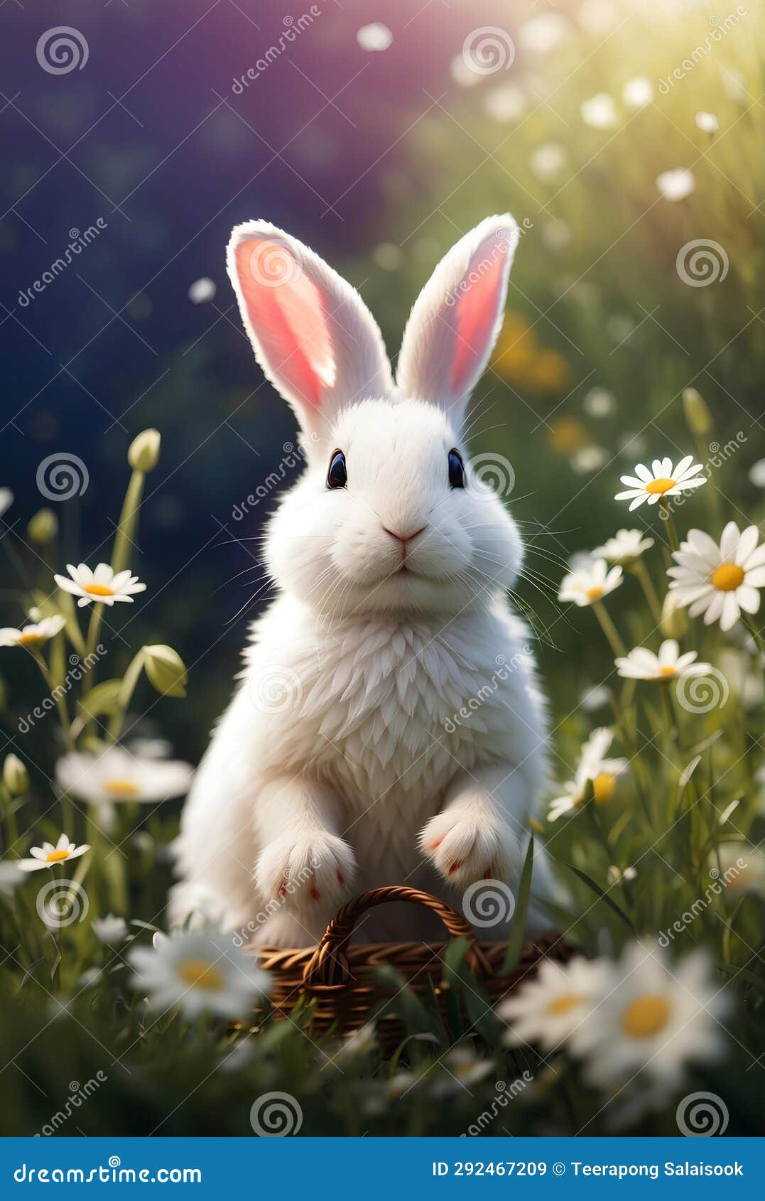 Cute White Rabbit Sitting in the Daisies Meadow Stock Illustration ...