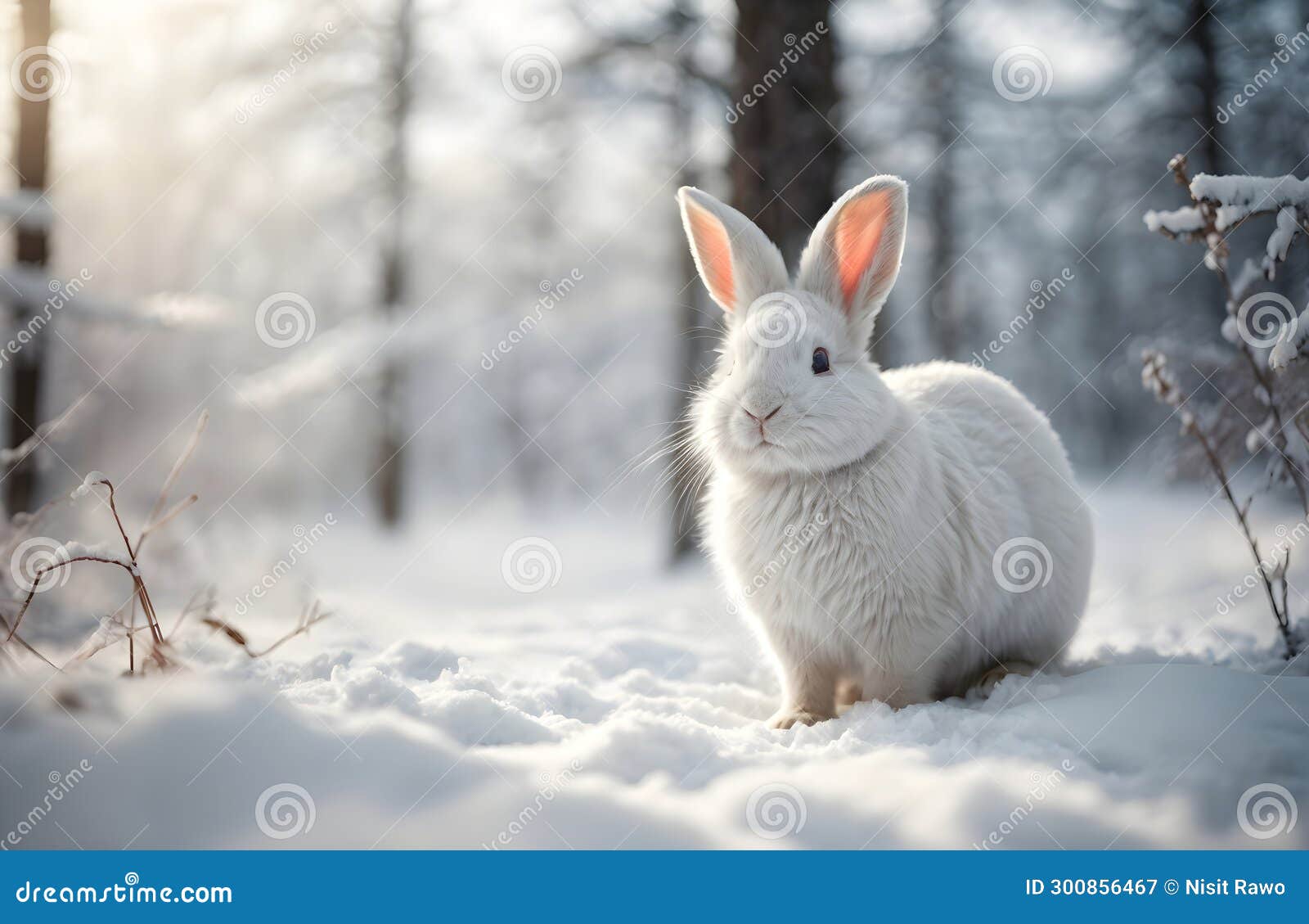 Cute White Rabbit in Snowy Winter Forest Stock Image - Image of animal ...
