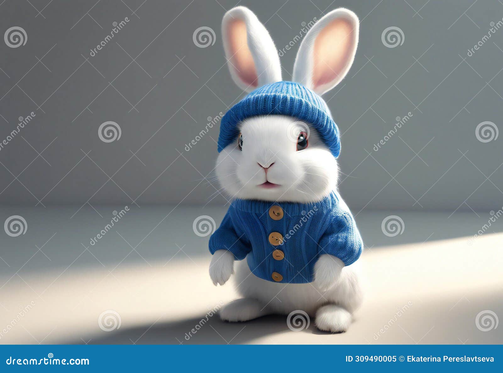 A Cute White Rabbit Wearing a Blue Sweater and a Blue Hat. Stock Image ...