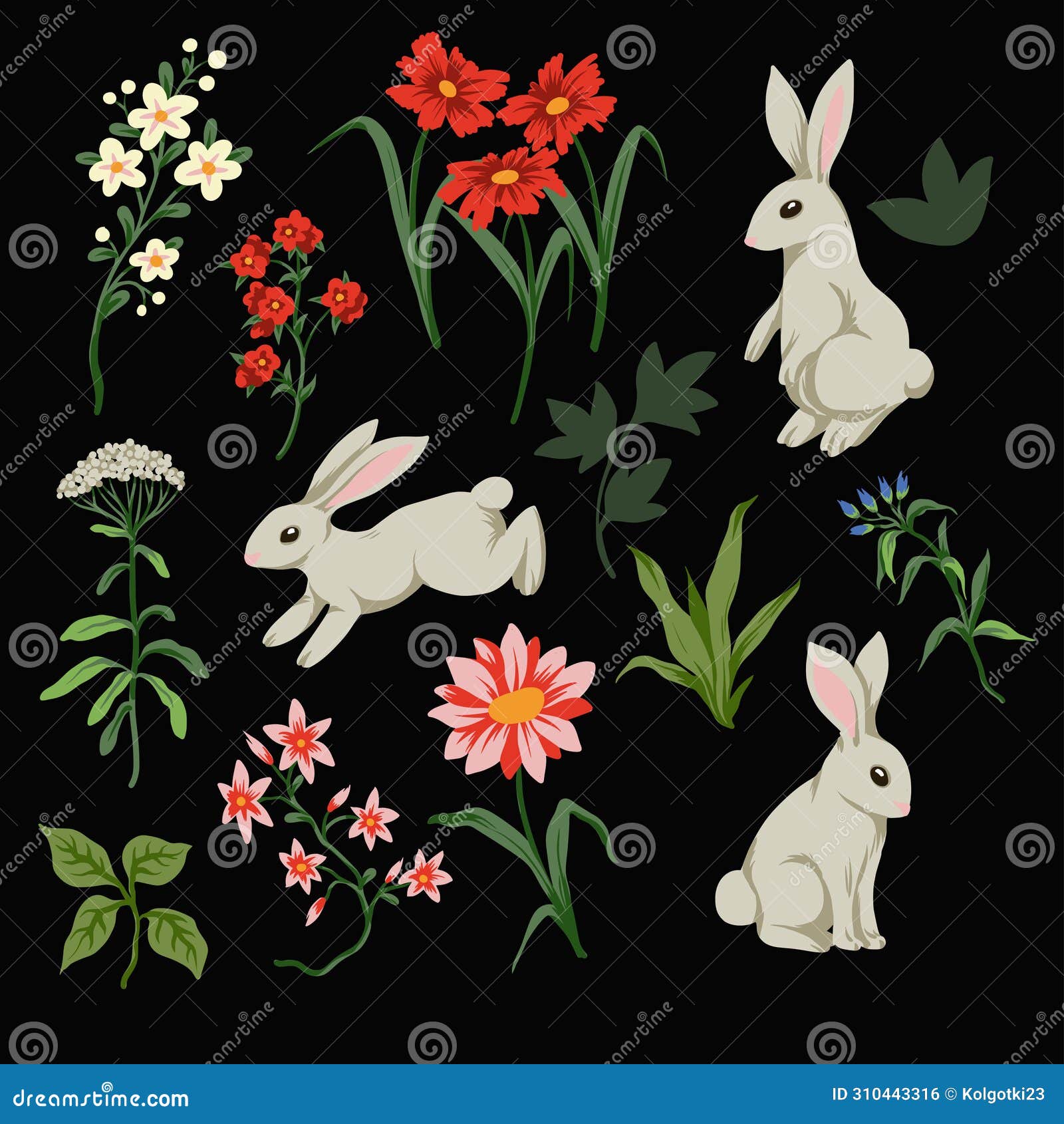 Cute White Rabbits and Flowers Isolated. Vector. Stock Vector ...