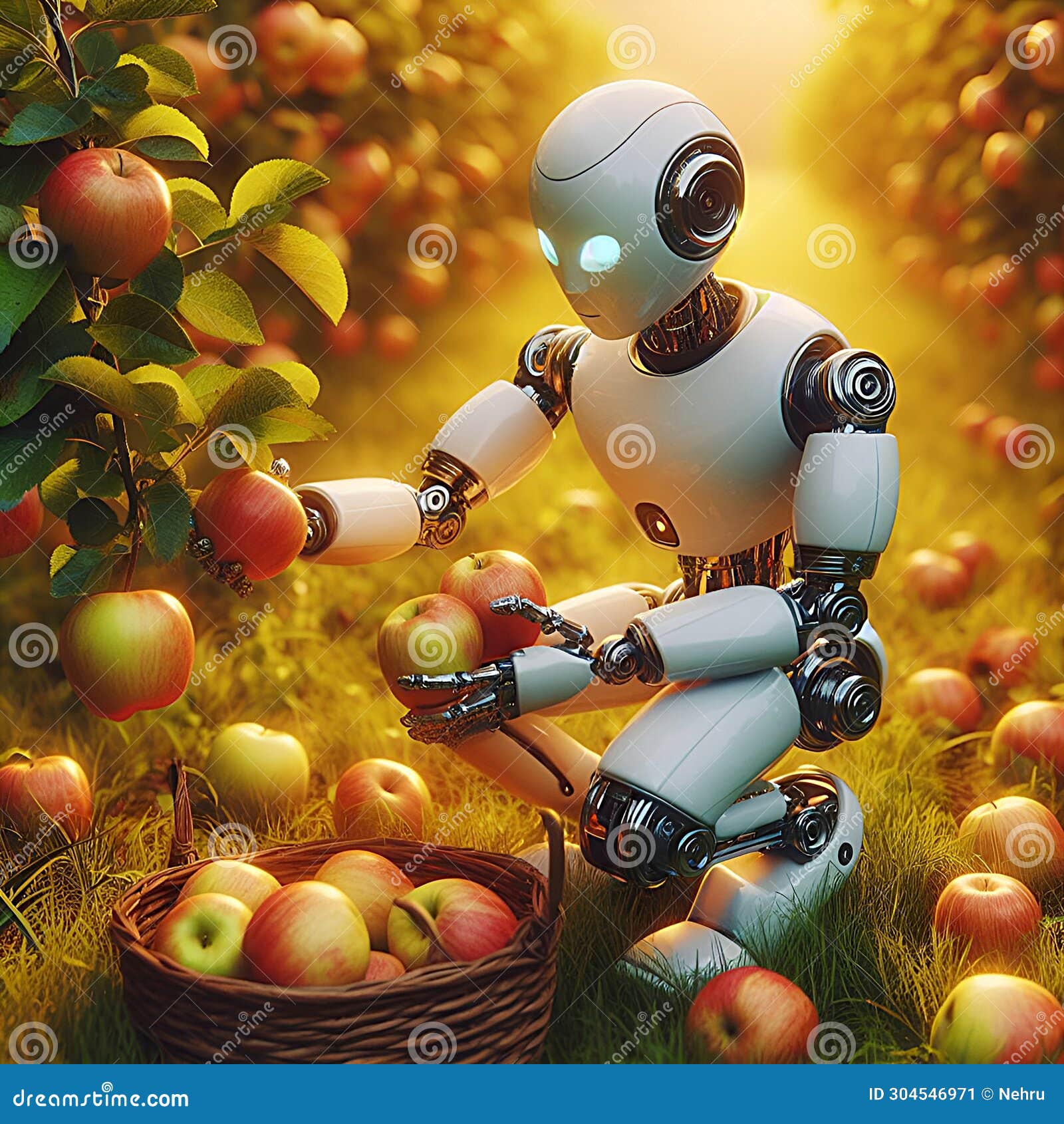 Cute White Robot Picking Apples in an Orchard Stock Image - Image of ...