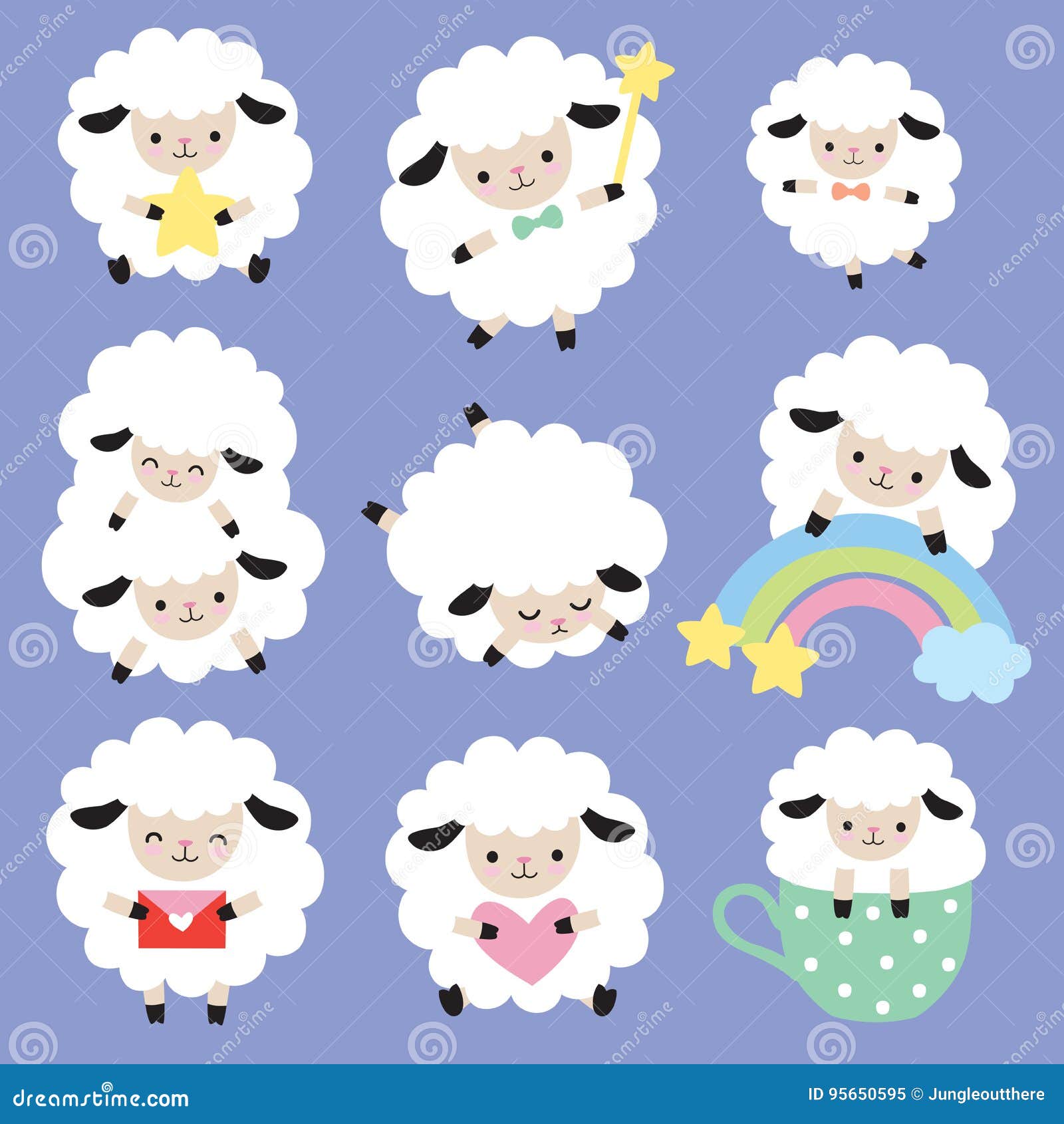 Cute White Sheep Vector Set Stock Vector - Illustration of heart ...