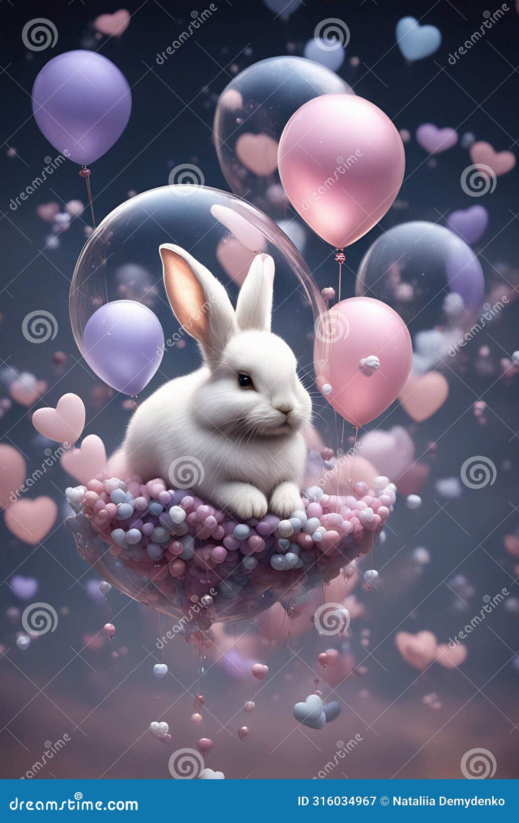 Cute White Tiny Bunny on Balloons Above Clouds Stock Illustration ...