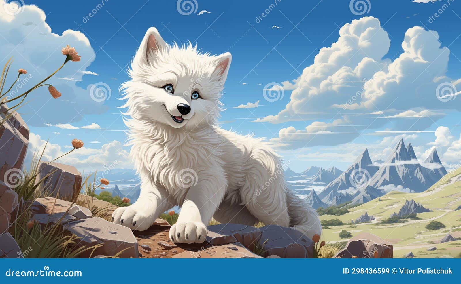 Cute White Wolf Cub on the Mountain - Children S Realistic Illustration ...