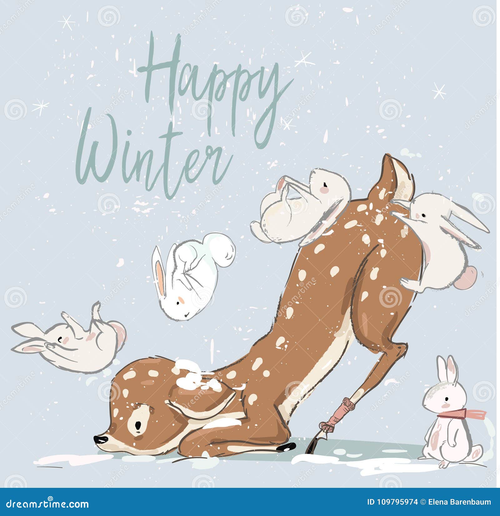 Cute Winter Deer with Hares Stock Vector - Illustration of funny, snow ...