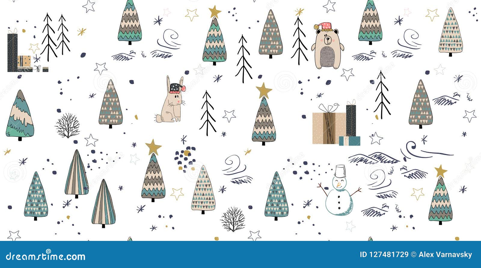Cute Winter Trees Seamless Pattern on White Background Stock Vector ...