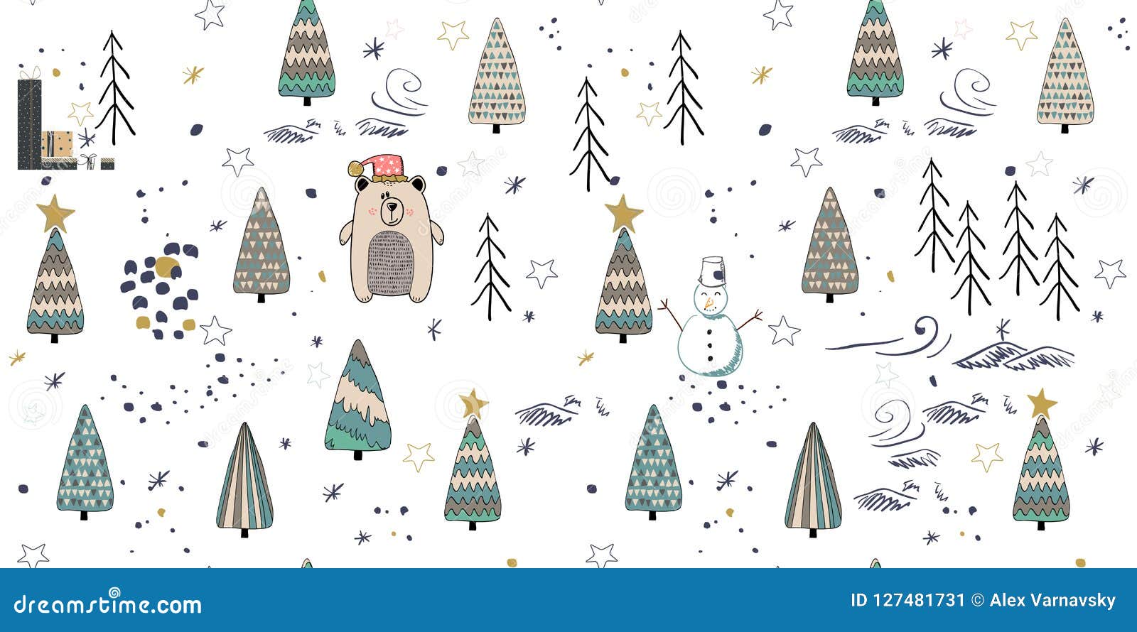 Cute Winter Trees Seamless Pattern on White Background Stock Vector ...