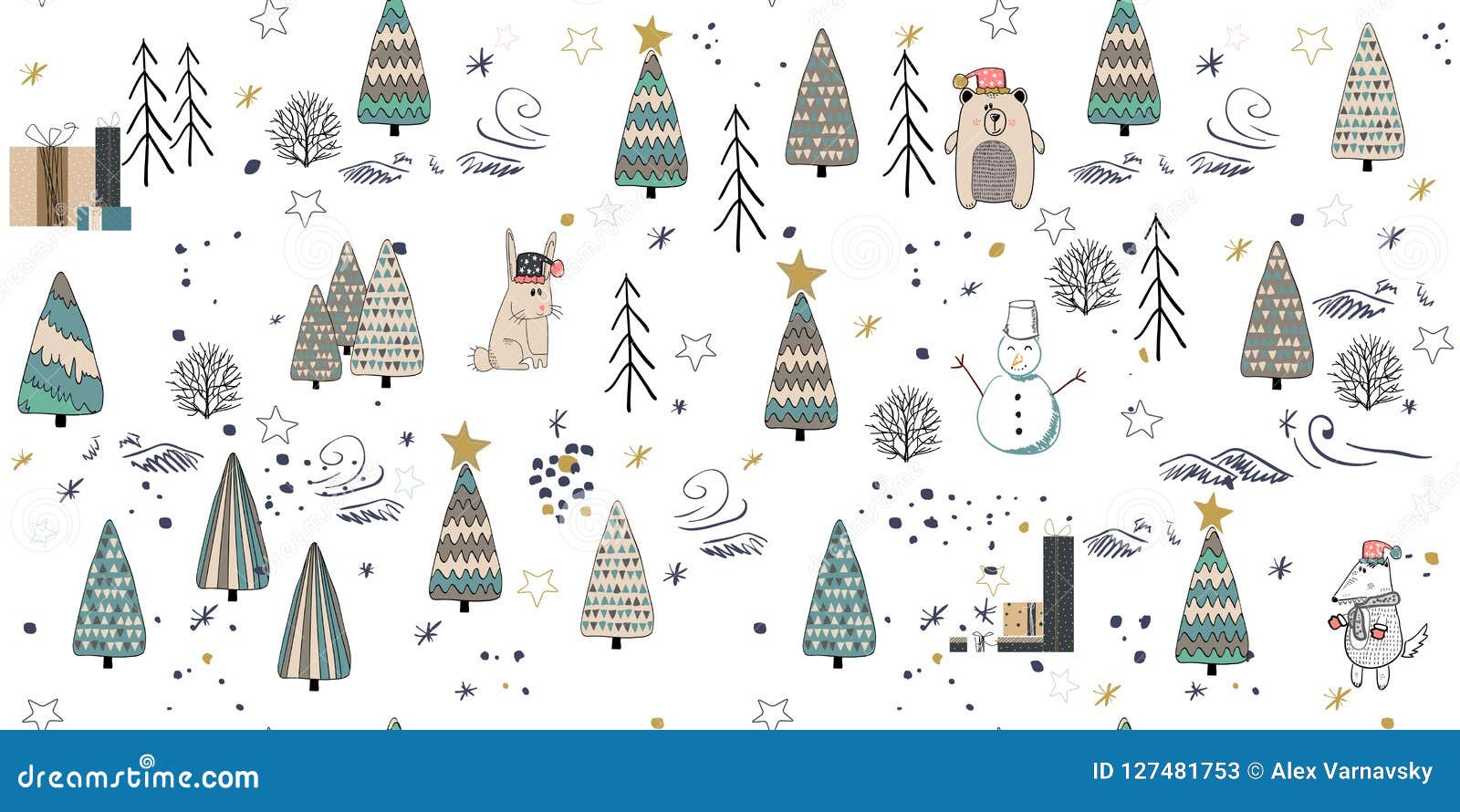 Cute Winter Trees Seamless Pattern on White Background Stock Vector ...