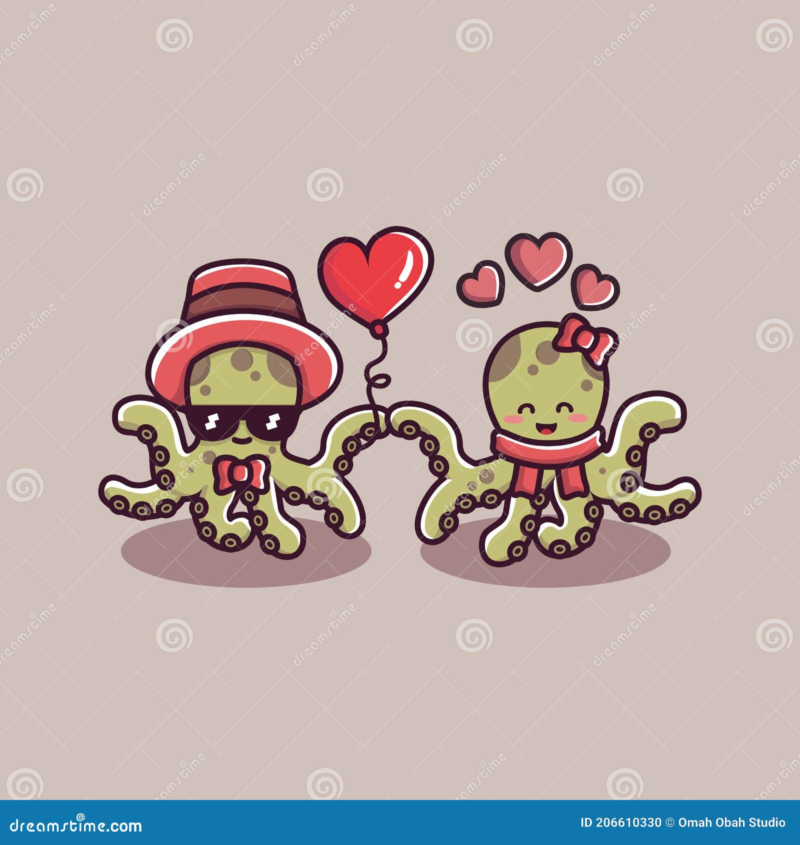 Valentine`s Day Couple of Octopus Character Holding Heart Balloons ...