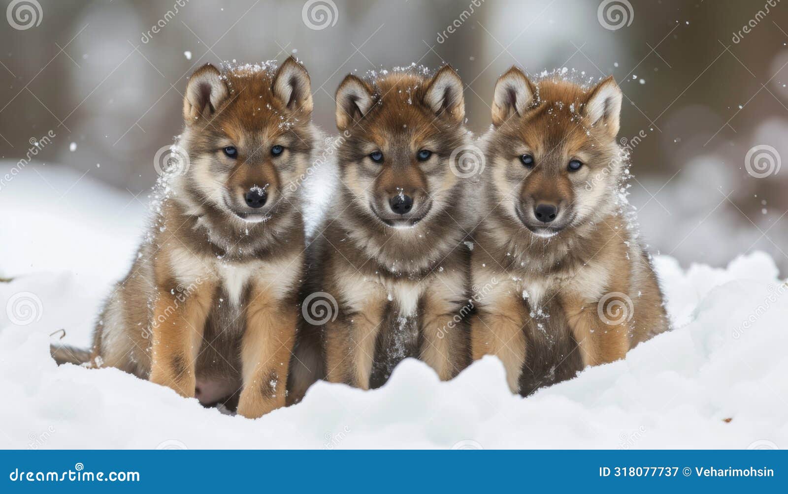 Cute 3 Wolf Babies Sitting in Snow, Looking at Camera with Focus Stock ...