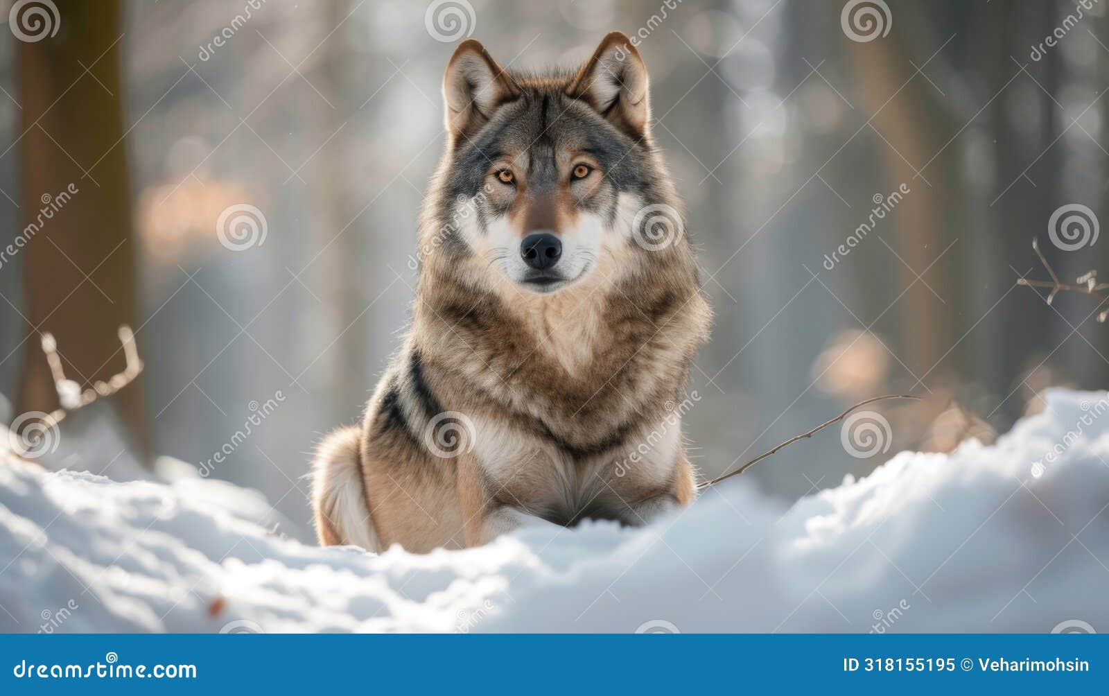 Cute Wolf Sitting in Snow, Looking at Camera, Surrounded by Nature ...
