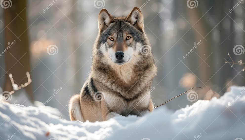 Cute Wolf Sitting in Snow, Looking at Camera, Surrounded by Nature ...