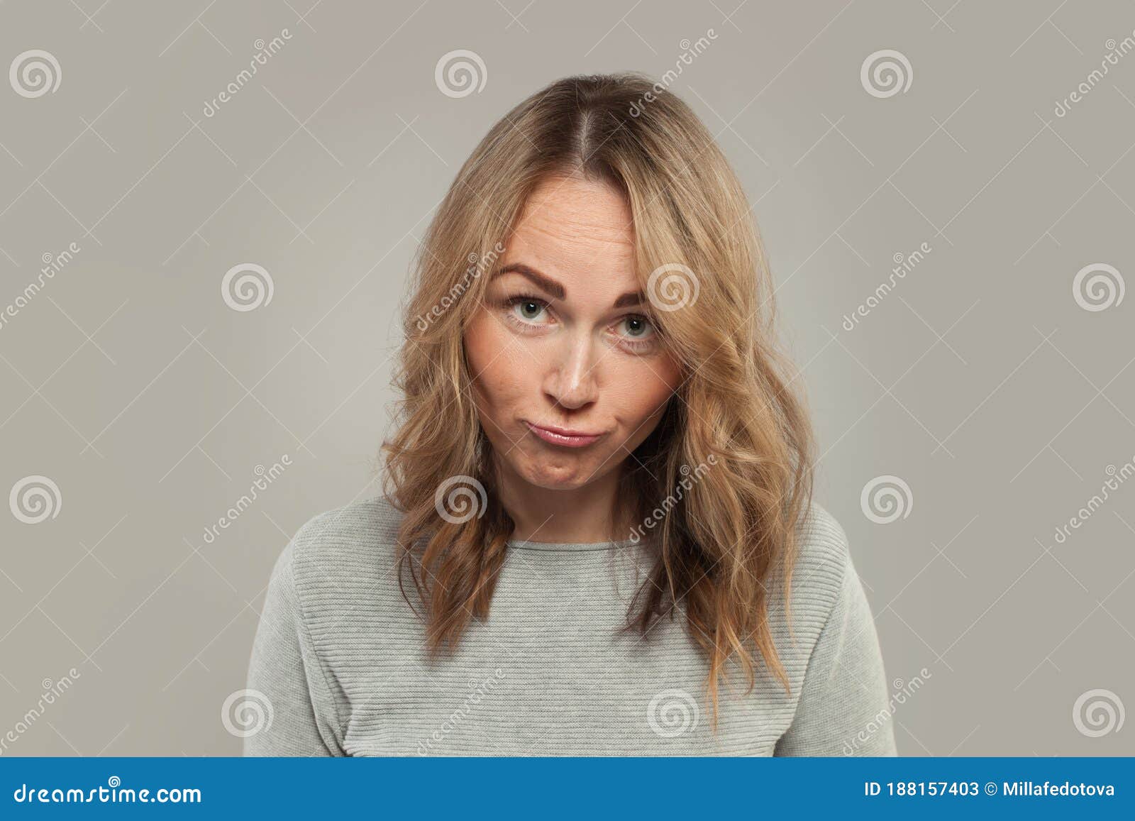 Cute Woman Grimacing on White Background Stock Image - Image of adult ...