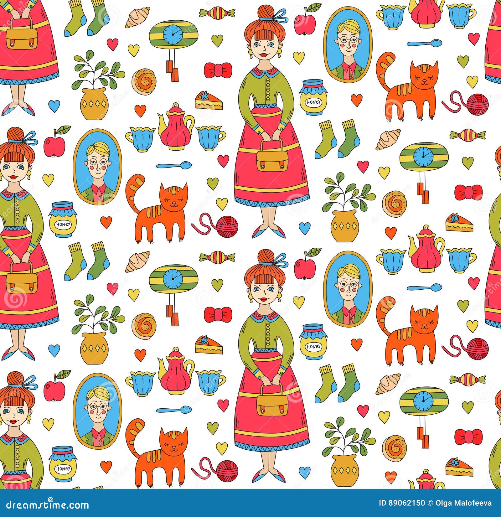 Cute Woman and Her Favorite Objects Seamless Vector Pattern Stock ...