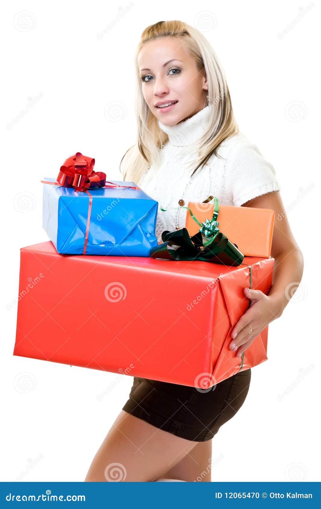 Cute Woman Holding Present at Christmas Time Stock Photo - Image of ...