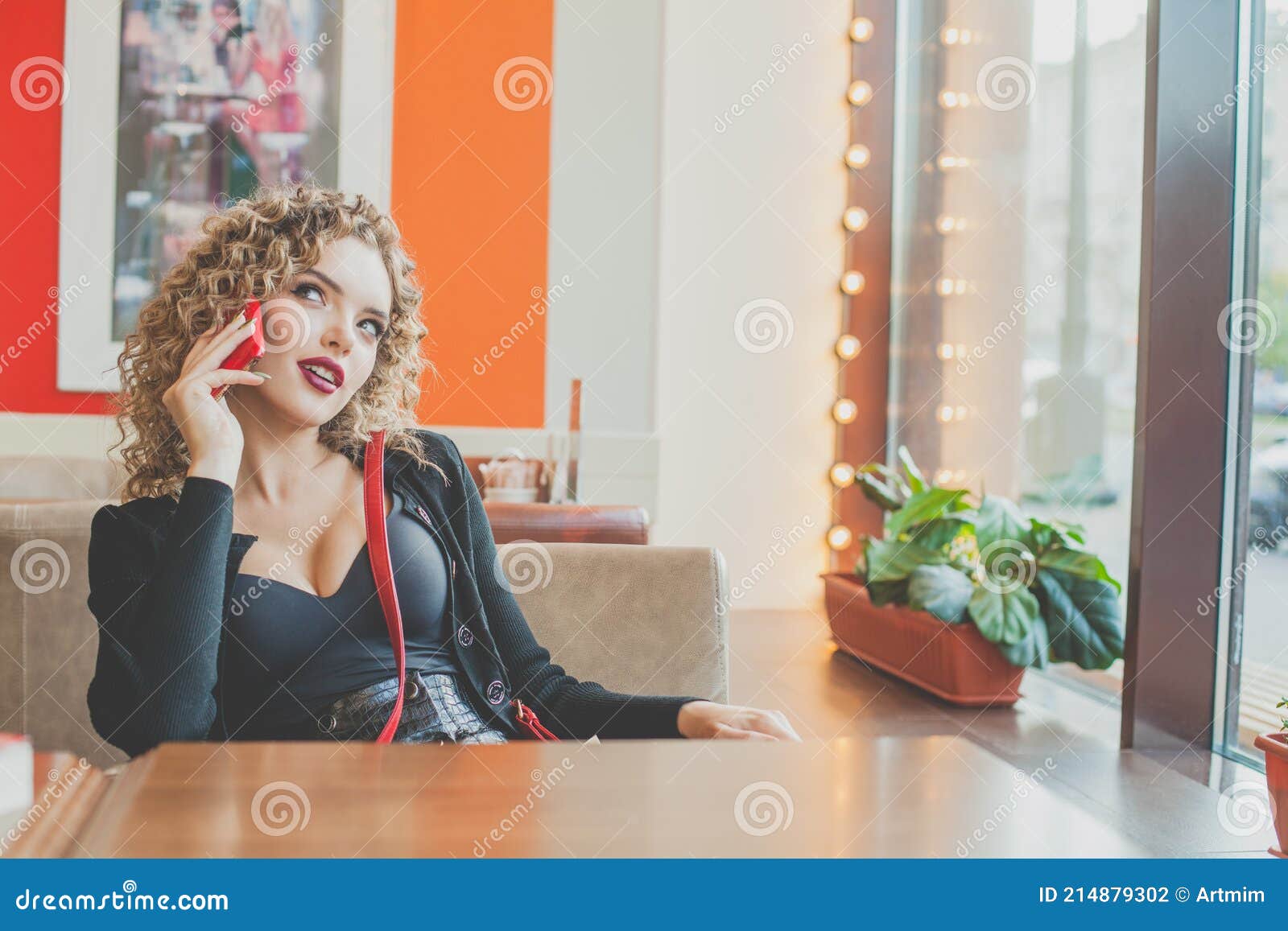 Cute woman phone in cafe stock photo. Image of happy - 214879302