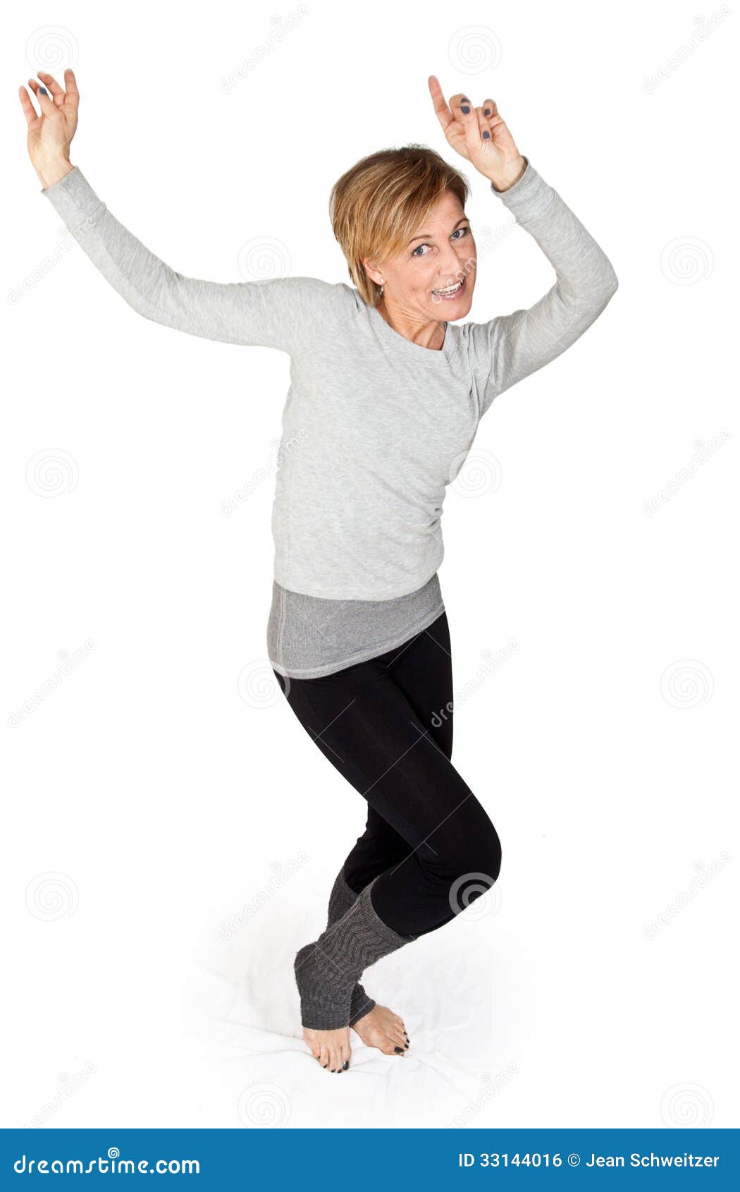 Cute Woman Standing and Dancing on Isolated White Background Stock ...