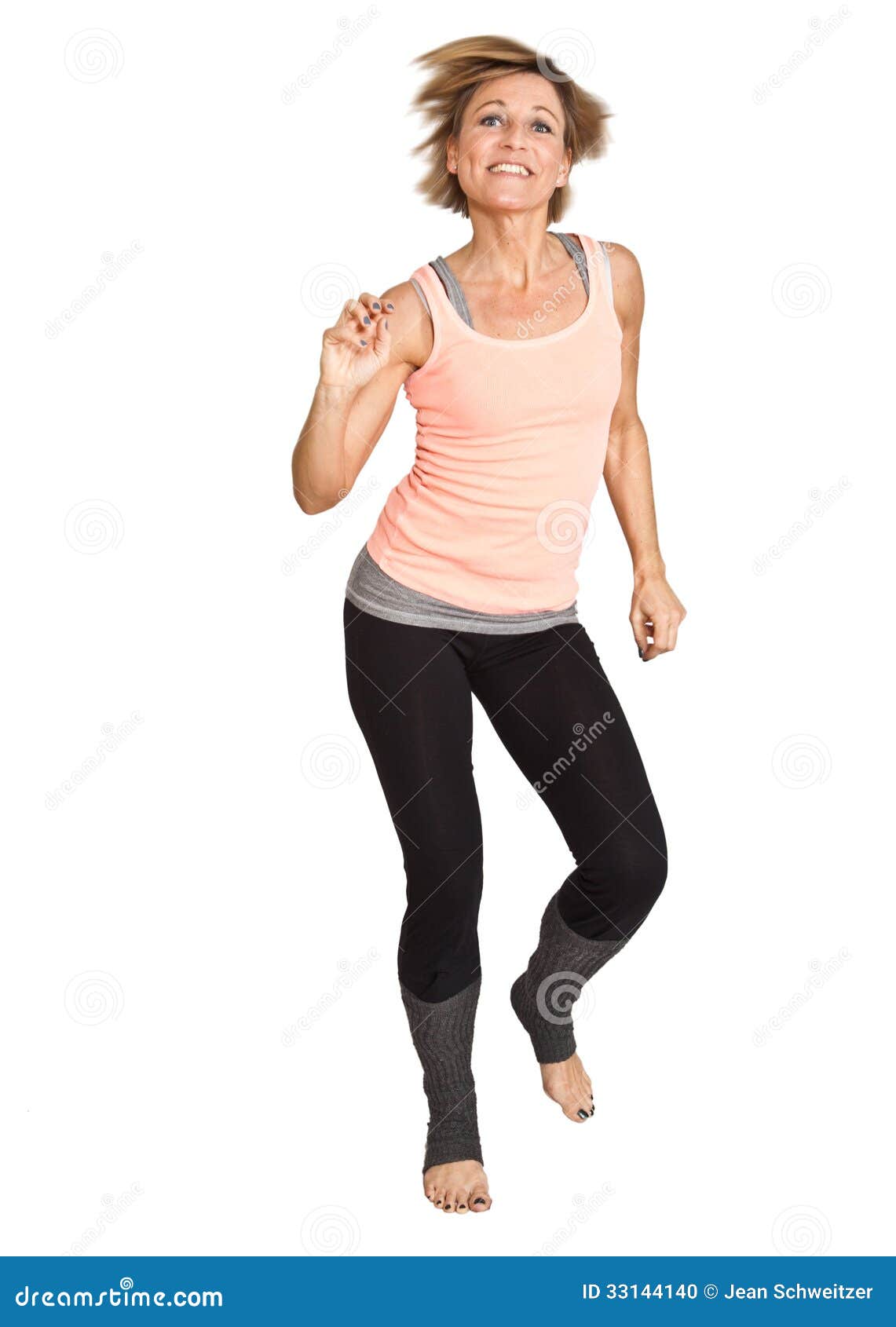 Cute Woman Standing and Dancing on Isolated White Background Stock ...