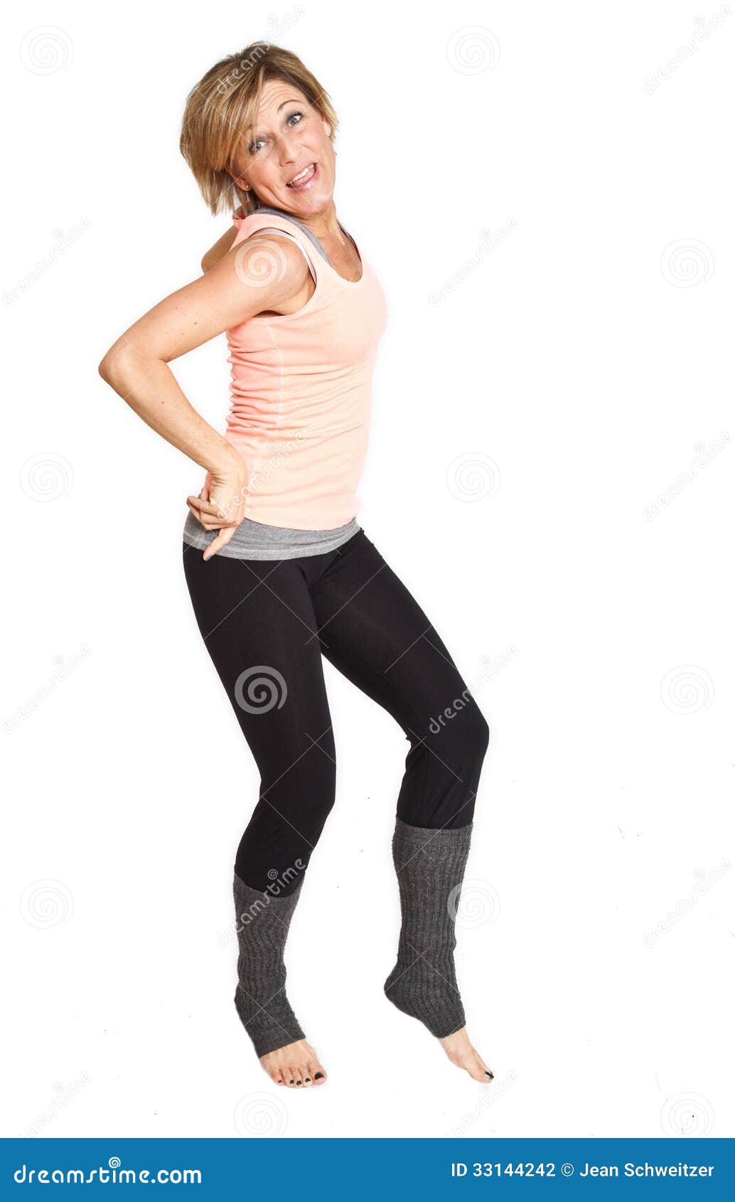 Cute Woman Standing and Dancing on Isolated White Background Stock ...